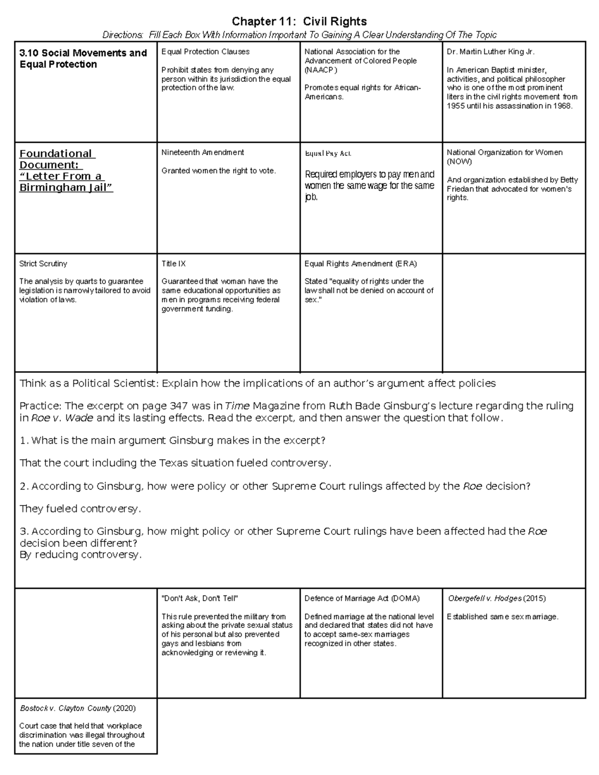 3.10 Amsco AP Government Reading Guide - Chapter 11: Civil Rights ...