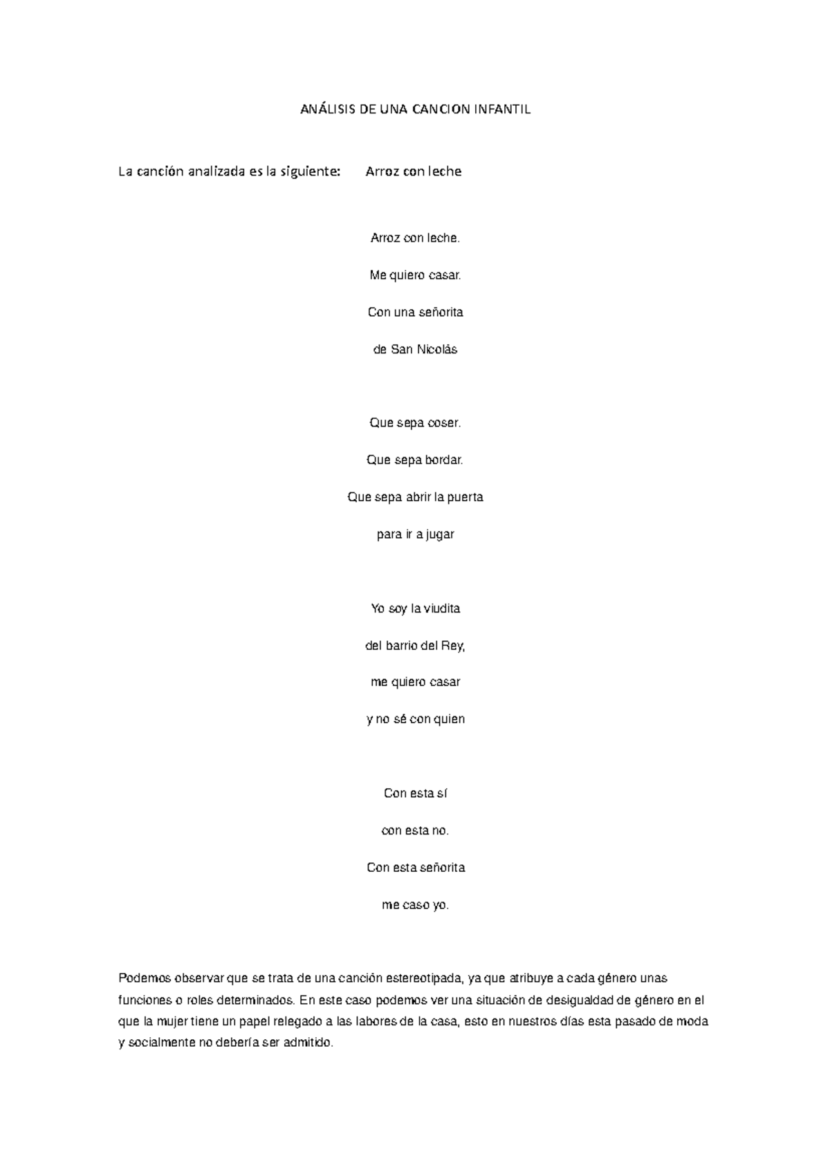 Práctica: Análisis de una canción infantil. - ANÁLISIS DE UNA CANCION ...