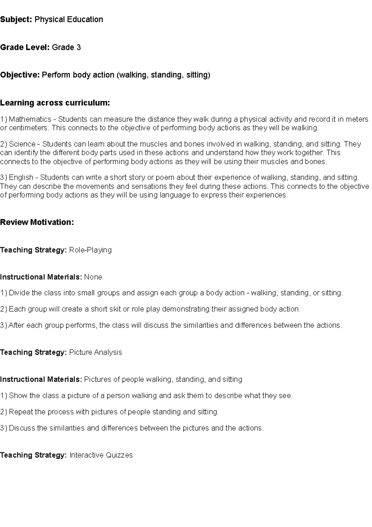 Lesson plan - Subject: Physical Education Grade Level: Grade 3 ...