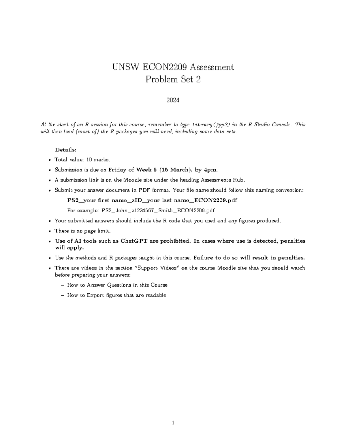 ECON2209 Assessment Problem Set 2 2024 - This will then load (most of ...