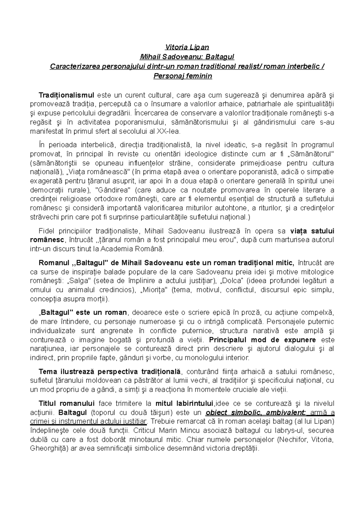 Caracterizare Vitoria Lipan - Vitoria Lipan Mihail Sadoveanu: Baltagul ...