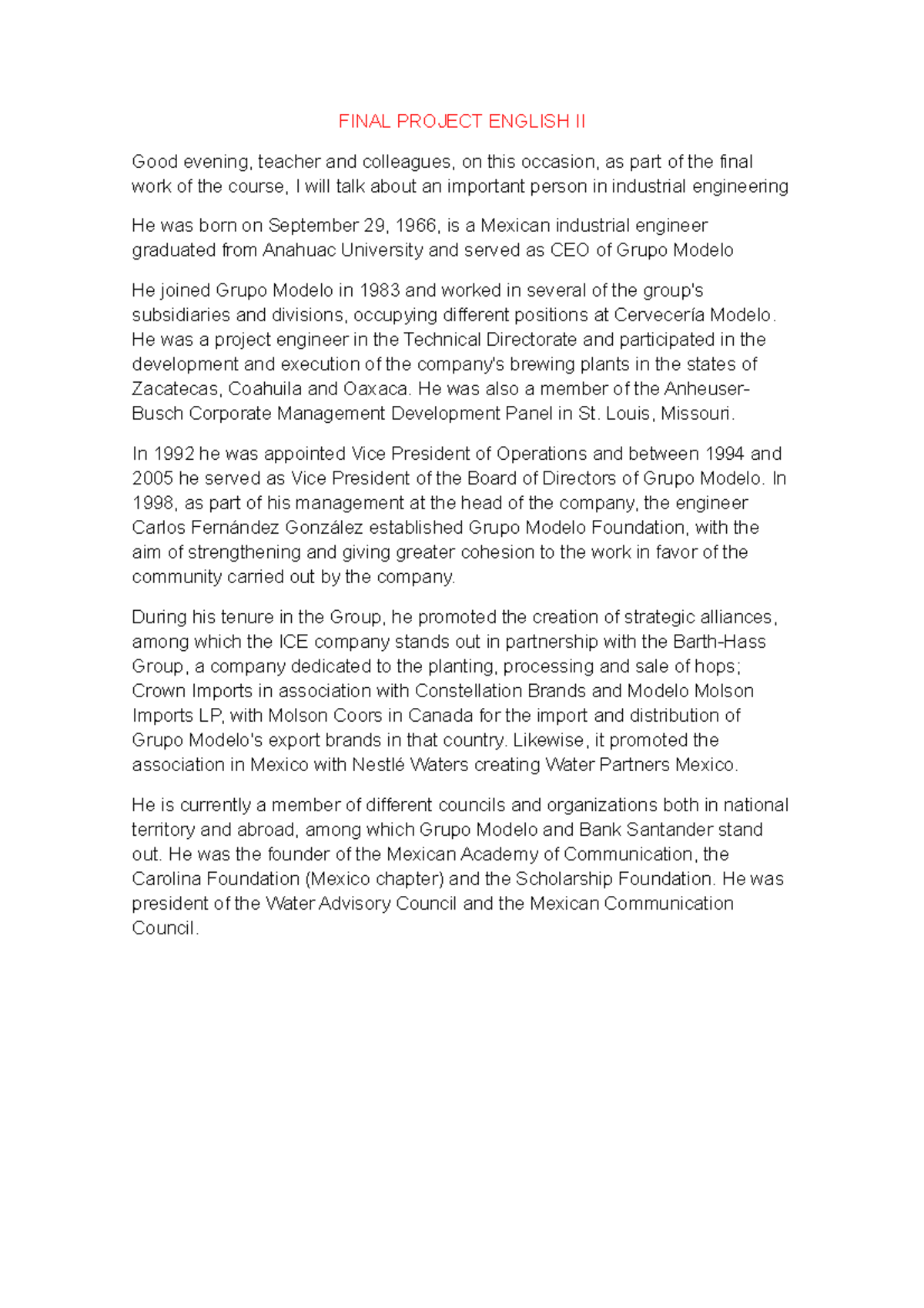 Final Project English II - FINAL PROJECT ENGLISH II Good evening ...