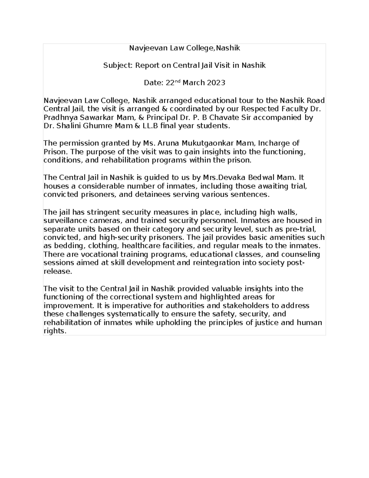 Jail visit report - Navjeevan Law College,Nashik Subject: Report on ...