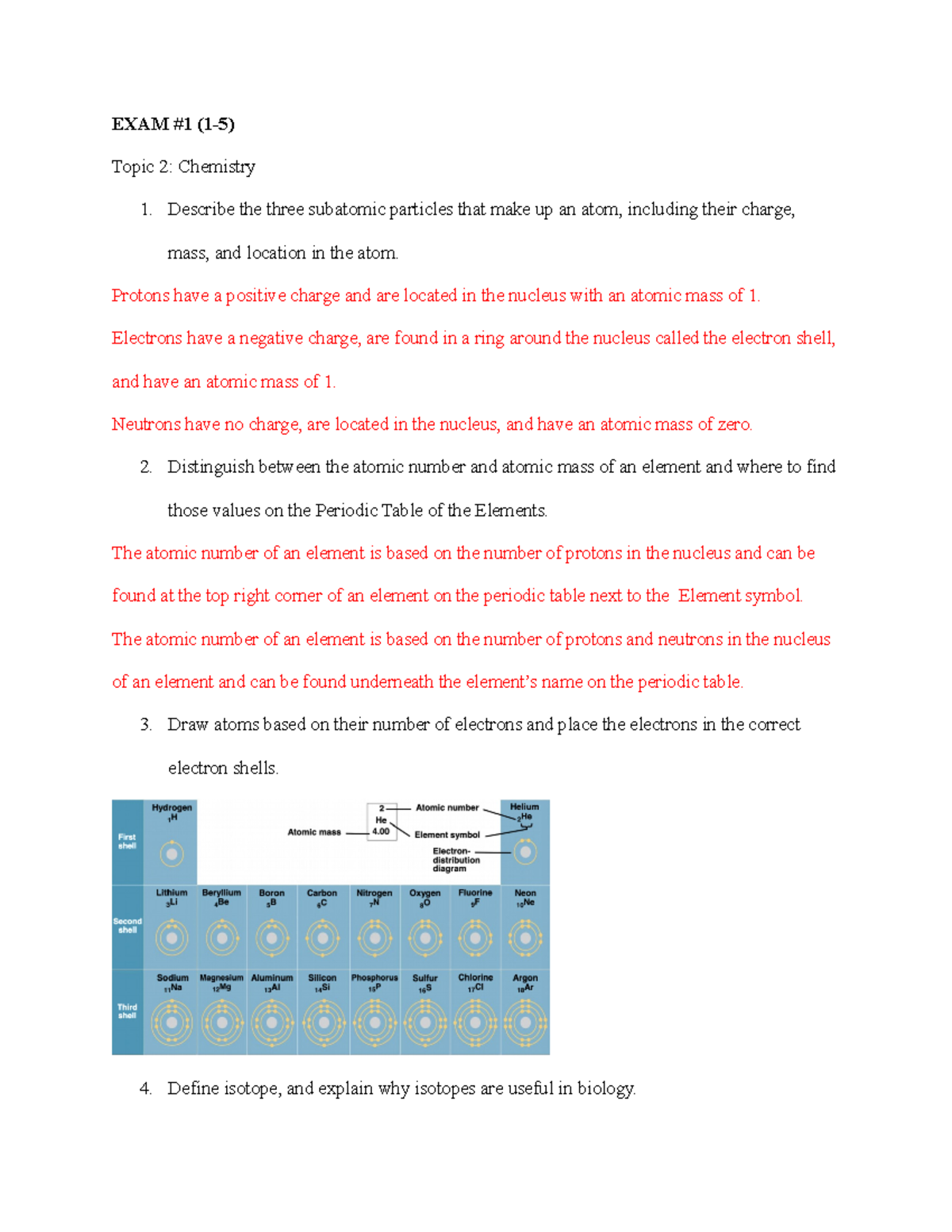 BILD 1 Study Questions Guide - EXAM #1 (1-5) Topic 2: Chemistry 1 ...