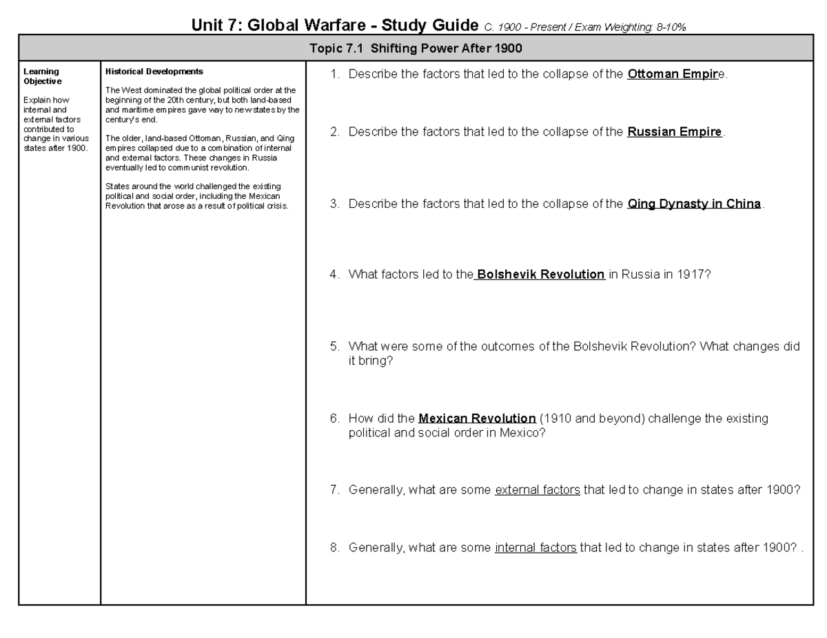 AP World History Unit 7 Study Guide - Unit 7: Global Warfare - Study ...