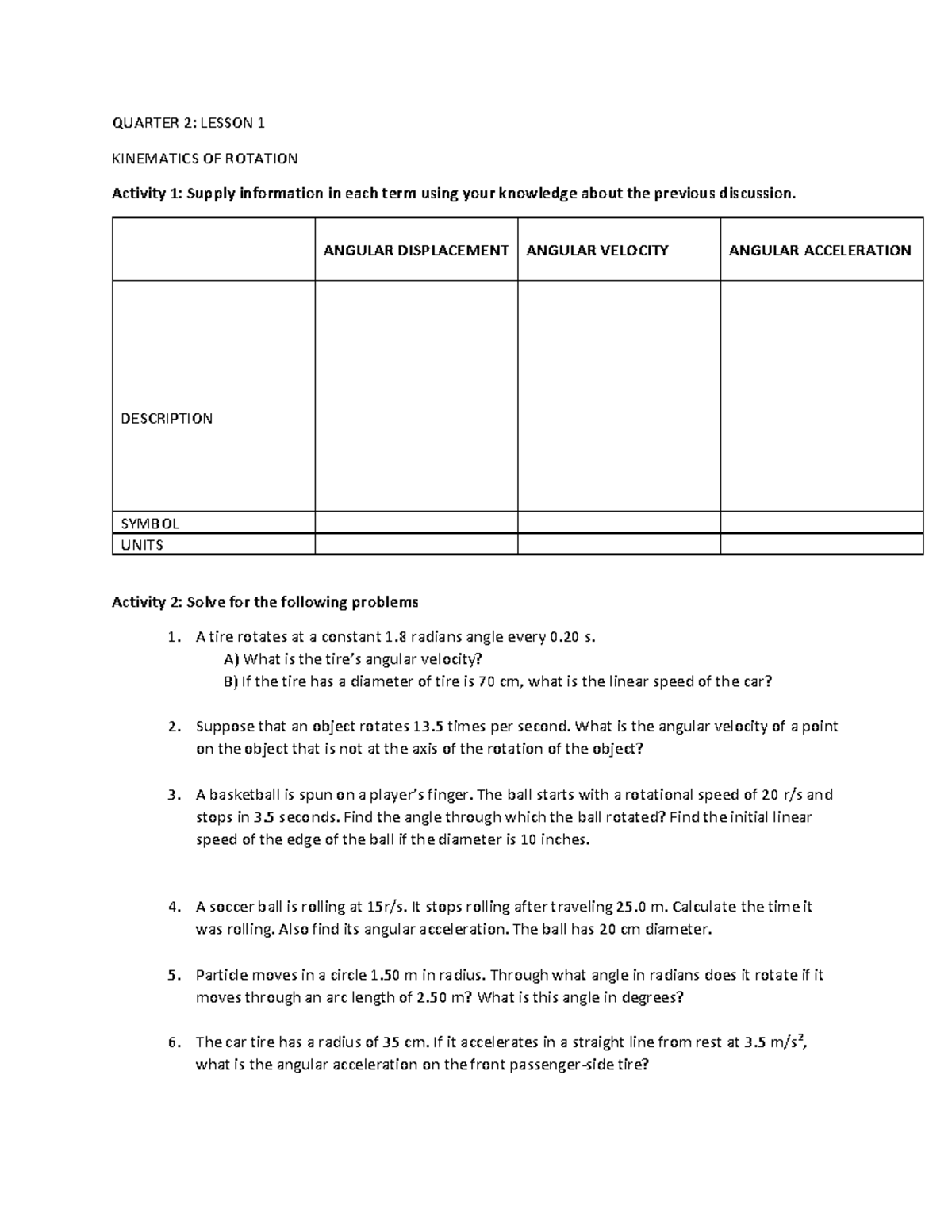 Quarter 2 Lesson 1-Kinematics of Rotation - QUARTER 2: LESSON 1 ...