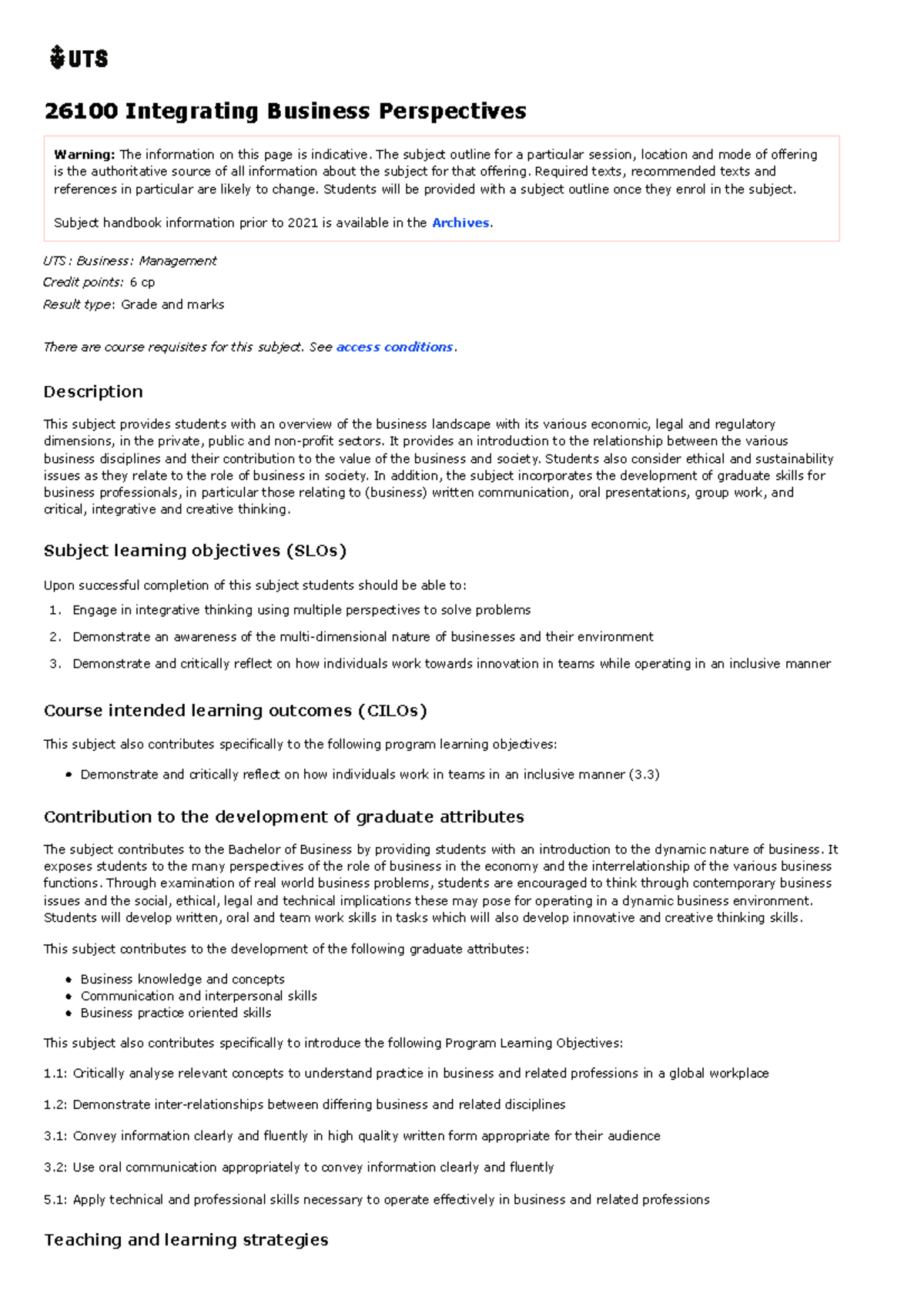 26100 course summary - 26100 Integrating Business Perspectives Warning: The information on this ...