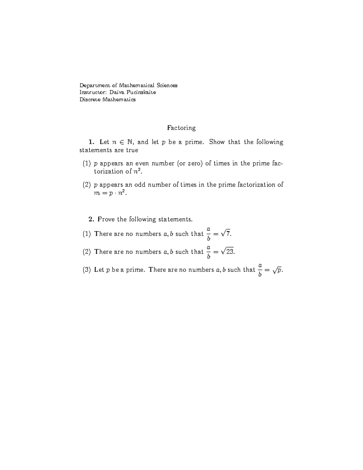 Exercise Discrete Mathematics factoring - Department of Mathematical ...