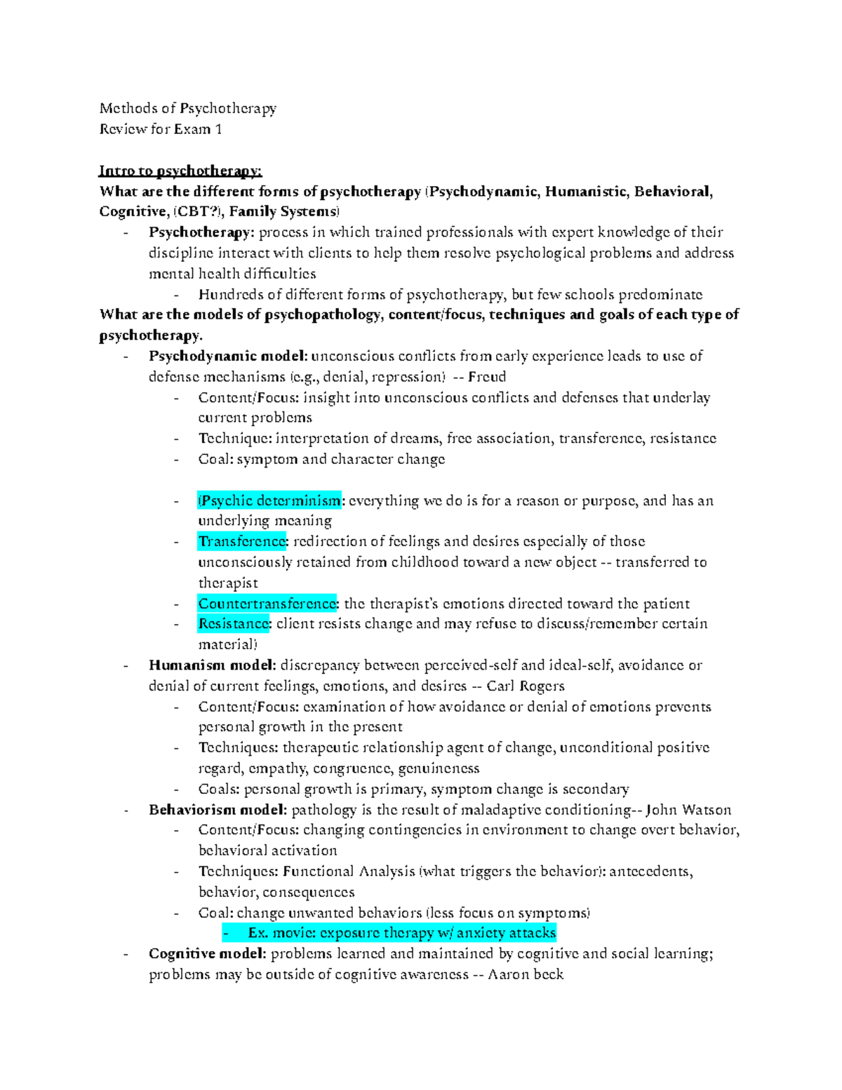 Part 1 Lecture Notes - Methods of Psychotherapy Ѐ Review for Exam ̻ Ѐ ...