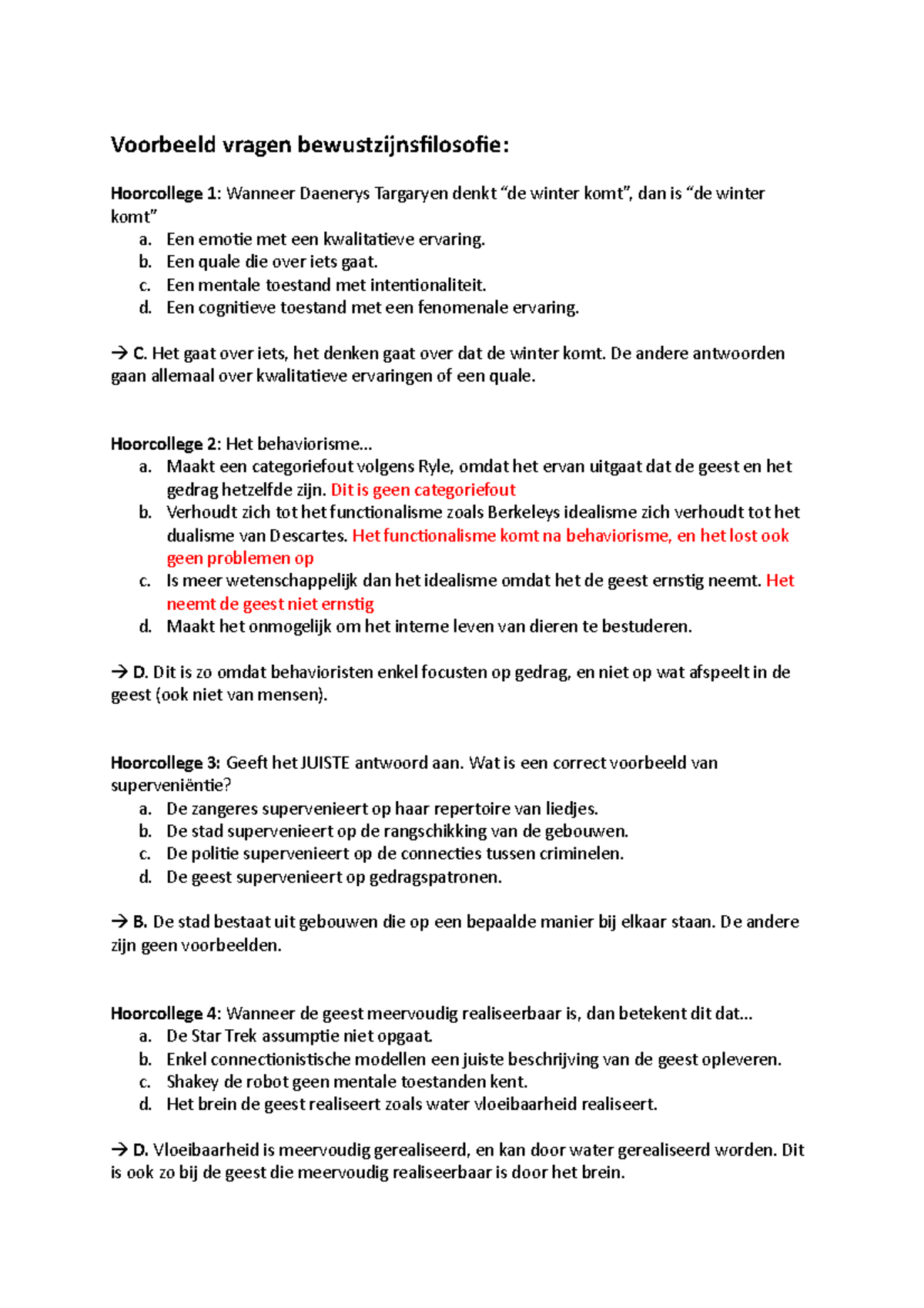 Voorbeeld vragen bewustzijnsfilosofie - Voorbeeld vragen bewustzijnsfilosofie: Hoorcollege 1 ...