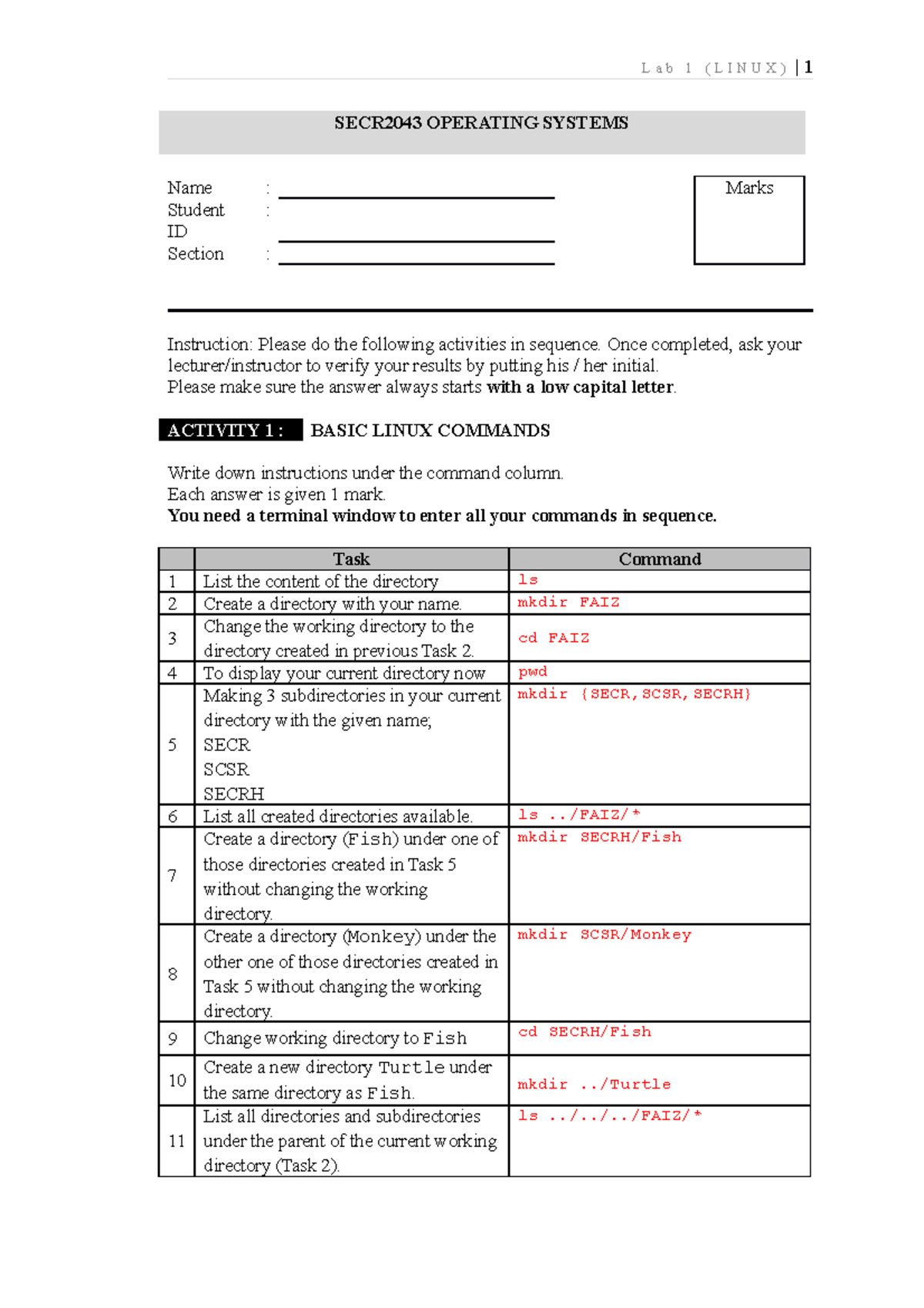Lab1-Question - DAAAAA - SECR2043 OPERATING SYSTEMS Name : Marks Student ID : Section ...