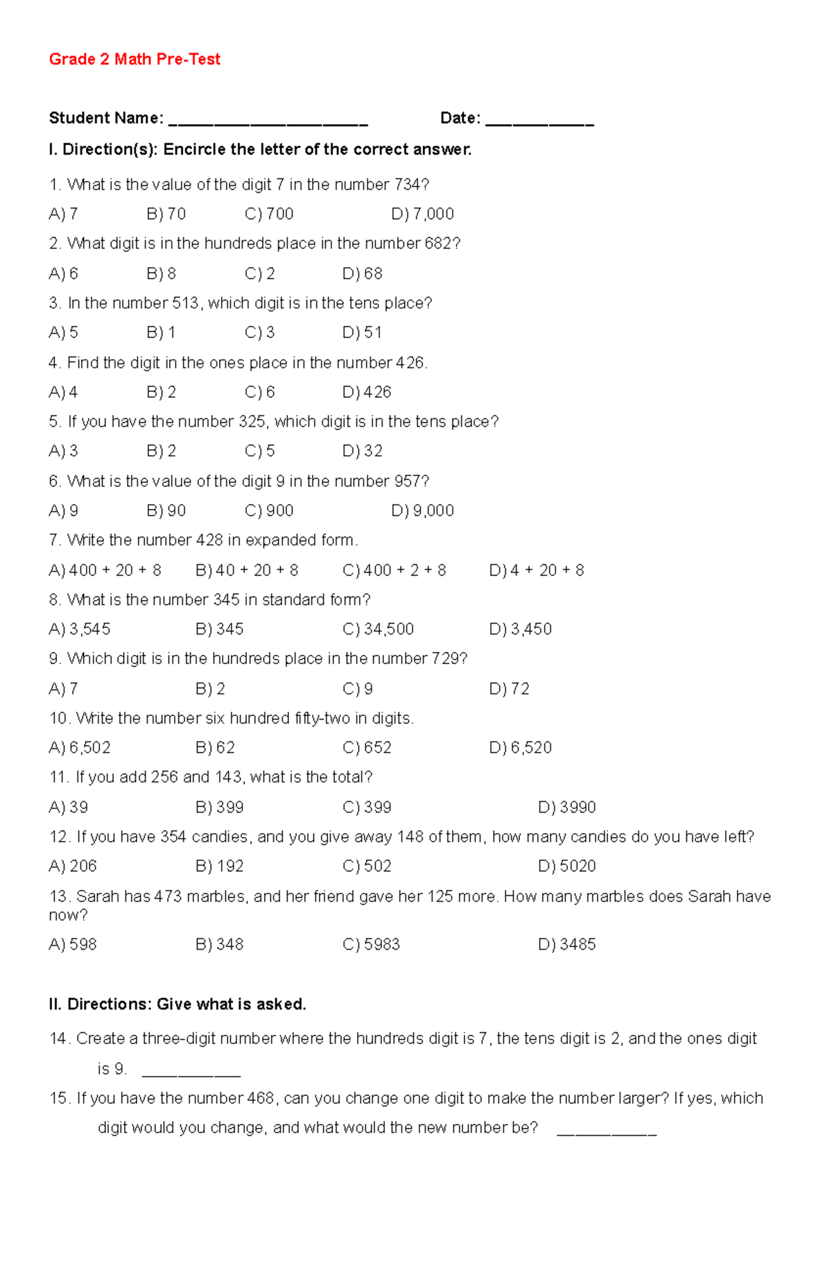 PRE-TEST and POST-TEST - Grade 2 Math Pre-Test Student Name ...