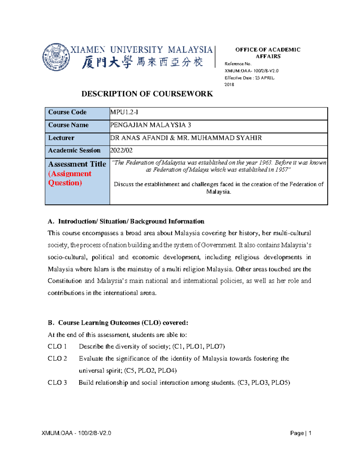 Description of Coursework PM 3 202202-converted - ####### XMUM - 100/2/8-V2 Page | 1 ...