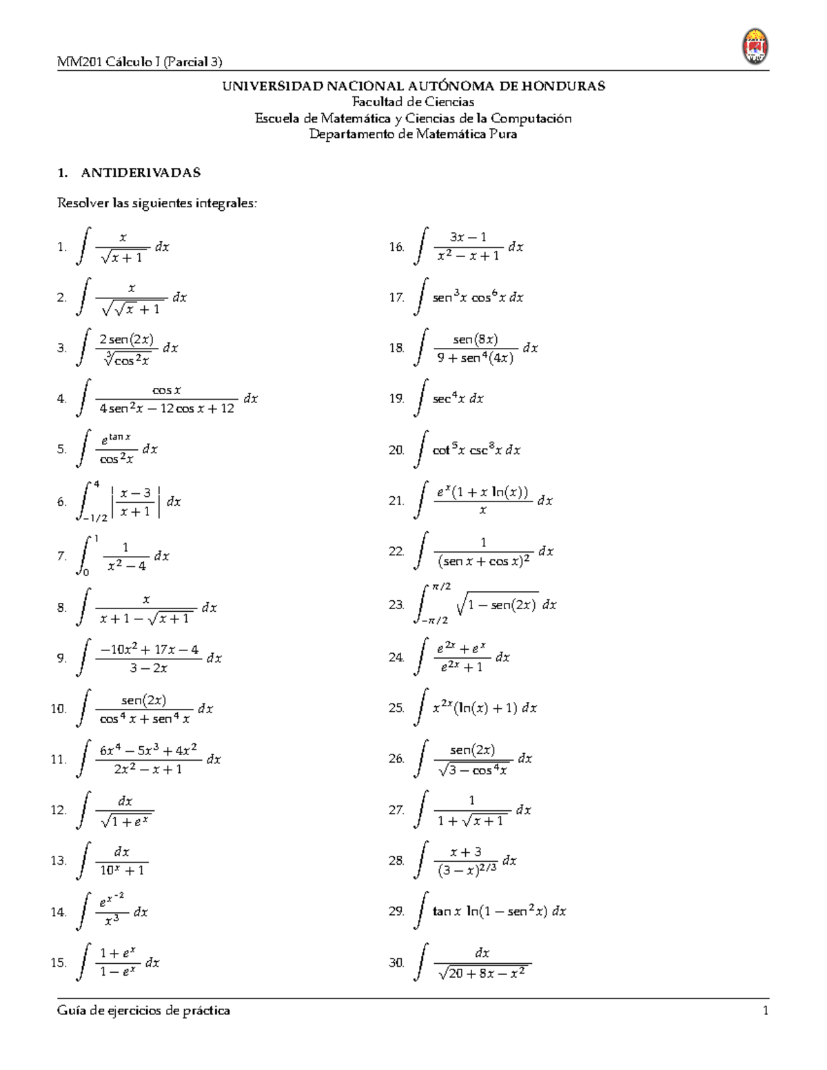 Guía de ejercicios de práctica Parcial 3 MM201 Cálculo I - PAC - 2 - 2024 - UNIVERSIDAD NACIONAL ...
