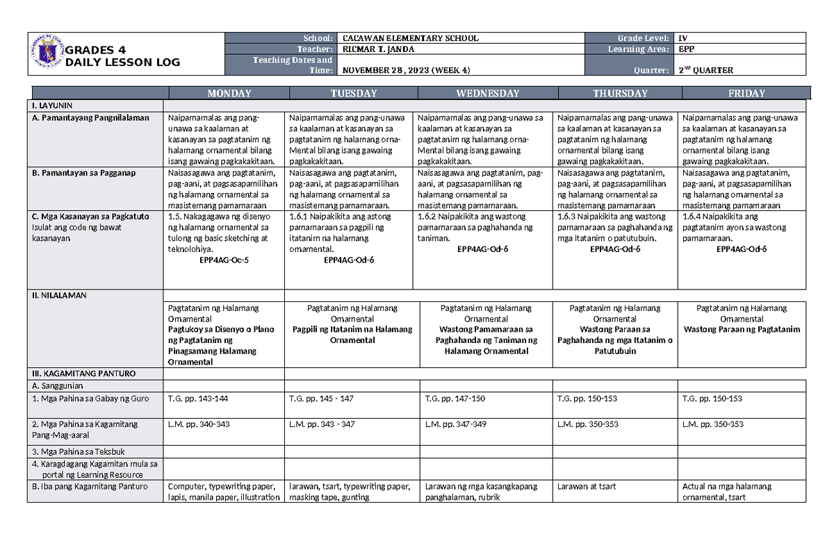DLL EPP 4 Q2 W4 - NONE - GRADES 4 DAILY LESSON LOG School: CACAWAN ...