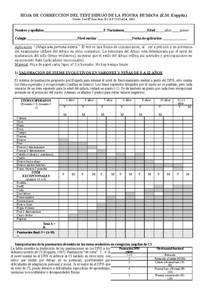 DFH Koppitz - Protocolo - HOJA DE CORRECCIÓN DEL TEST DEL DIBUJO DE LA ...
