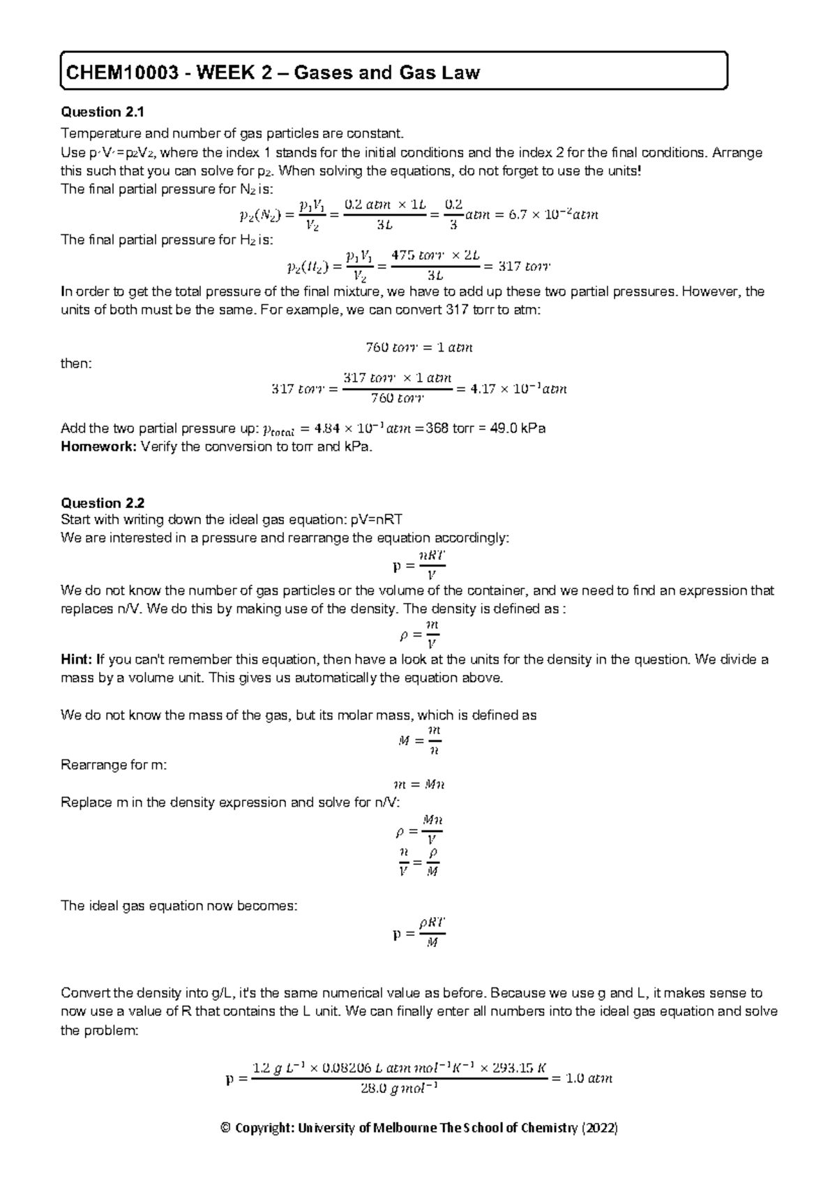 Week 2 CHEM10003 Tutorial Solutions S1 2022 - CHEM10003 - WEEK 2 – Gases and Gas Law Question 2 ...