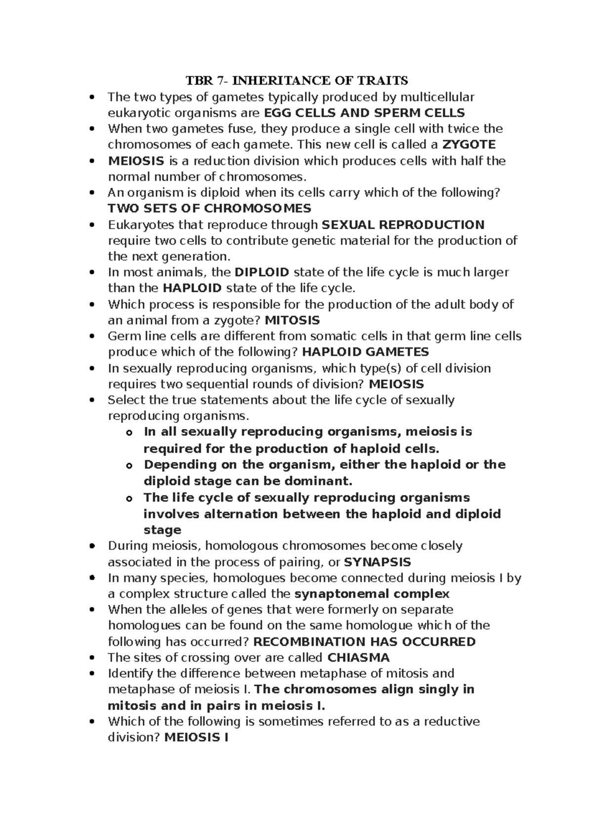 TBR 7 - TBR 7-9 - TBR 7- INHERITANCE OF TRAITS The two types of gametes ...