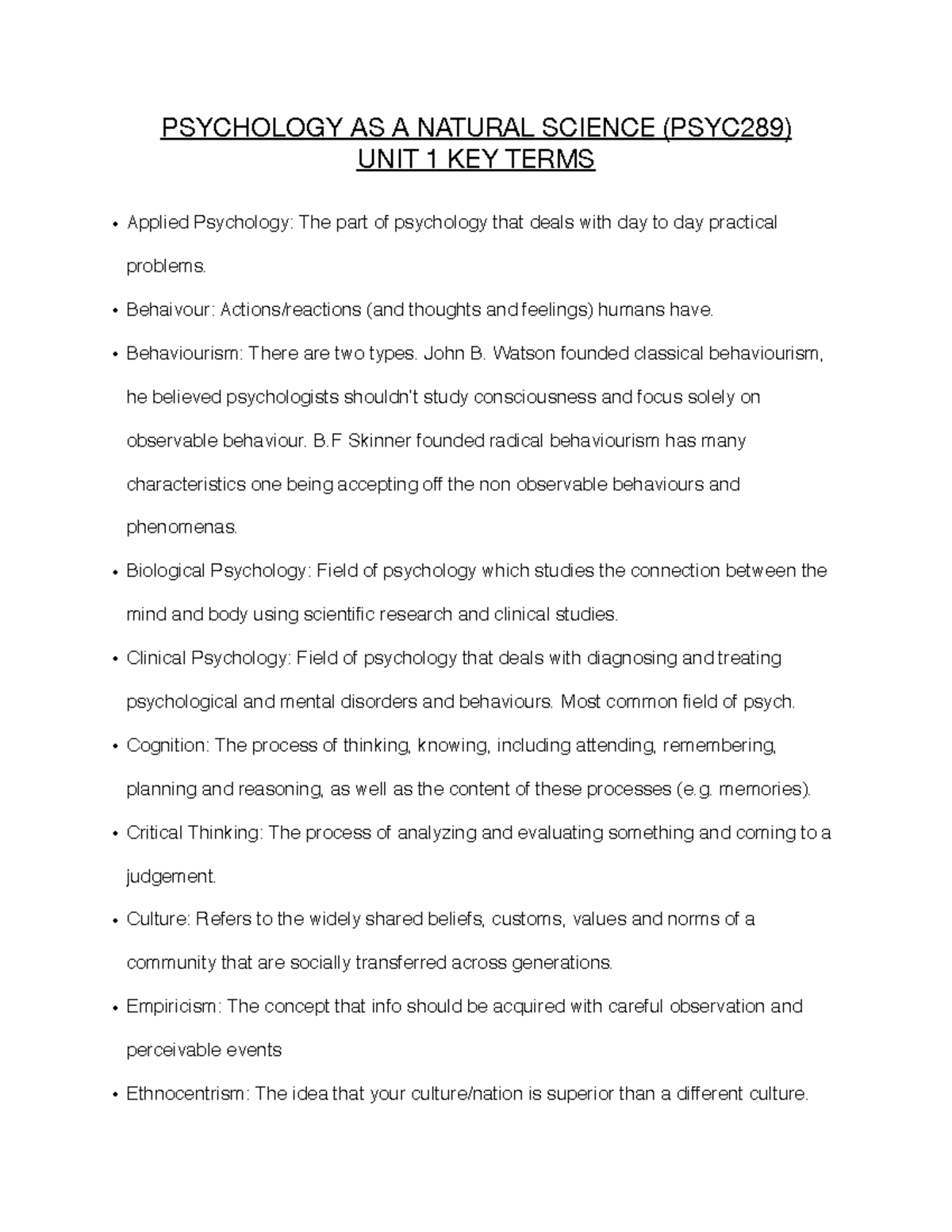 UNIT1 KEY Terms Psych 289 - PSYCHOLOGY AS A NATURAL SCIENCE (PSYC289 ...