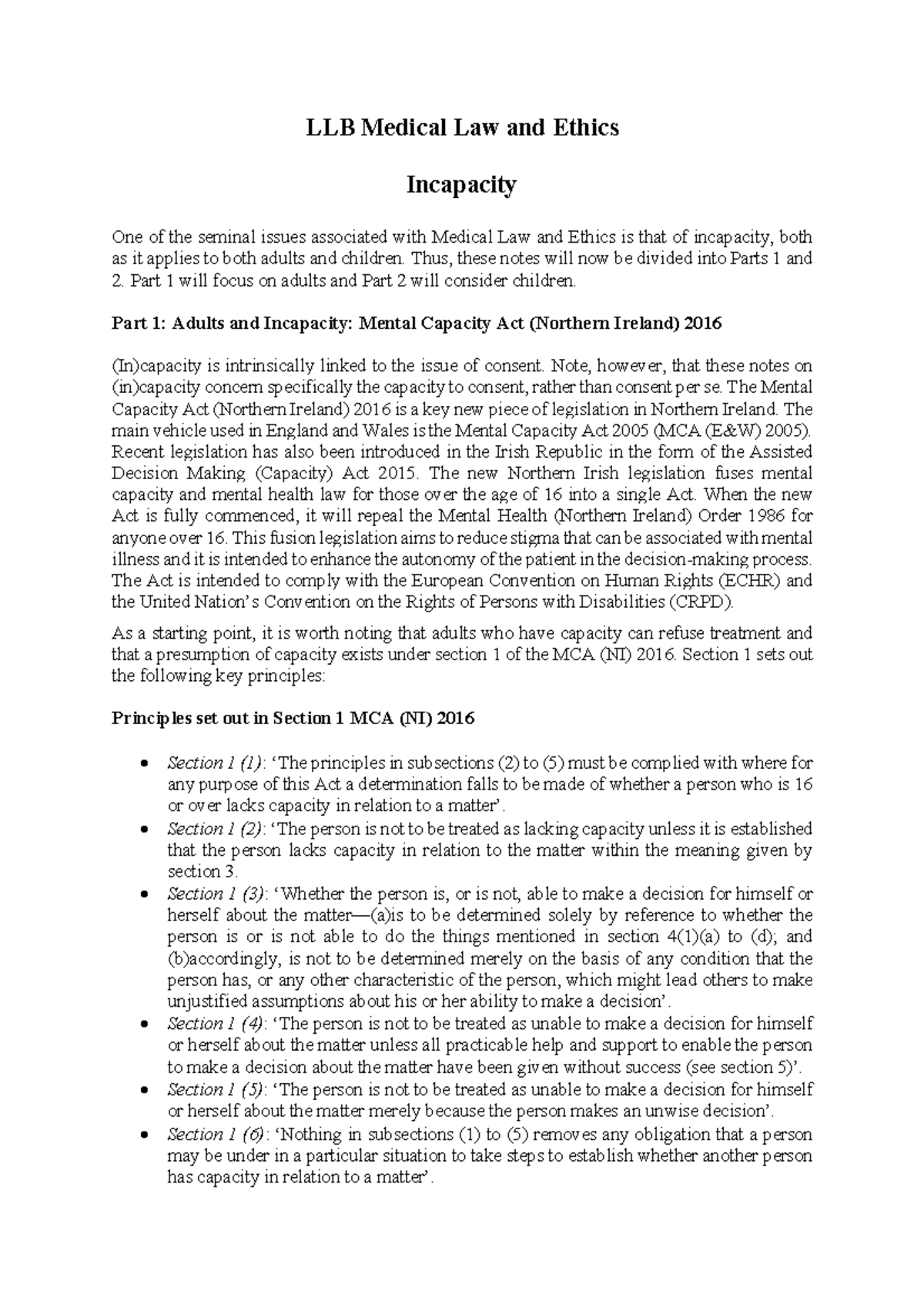 Incapacity - LLB Medical Law and Ethics Incapacity One of the seminal ...