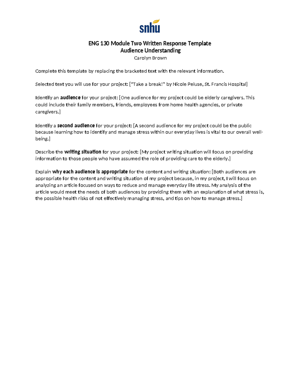 ENG 130 Module Two Written Response - Selected text you will use for ...