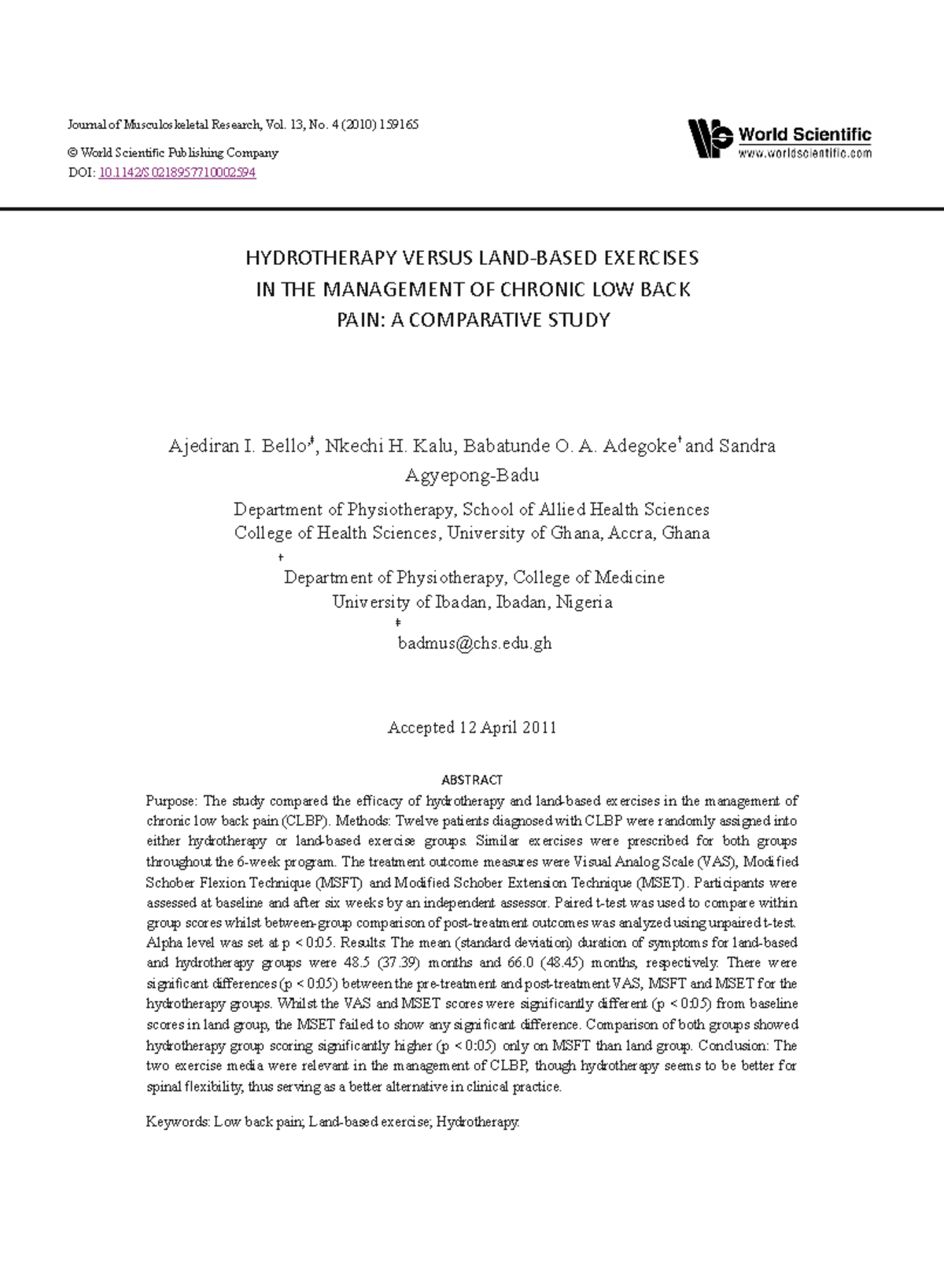 Hydrotherapy Versus LAND- Based Exercises IN THE Management OF Chronic ...