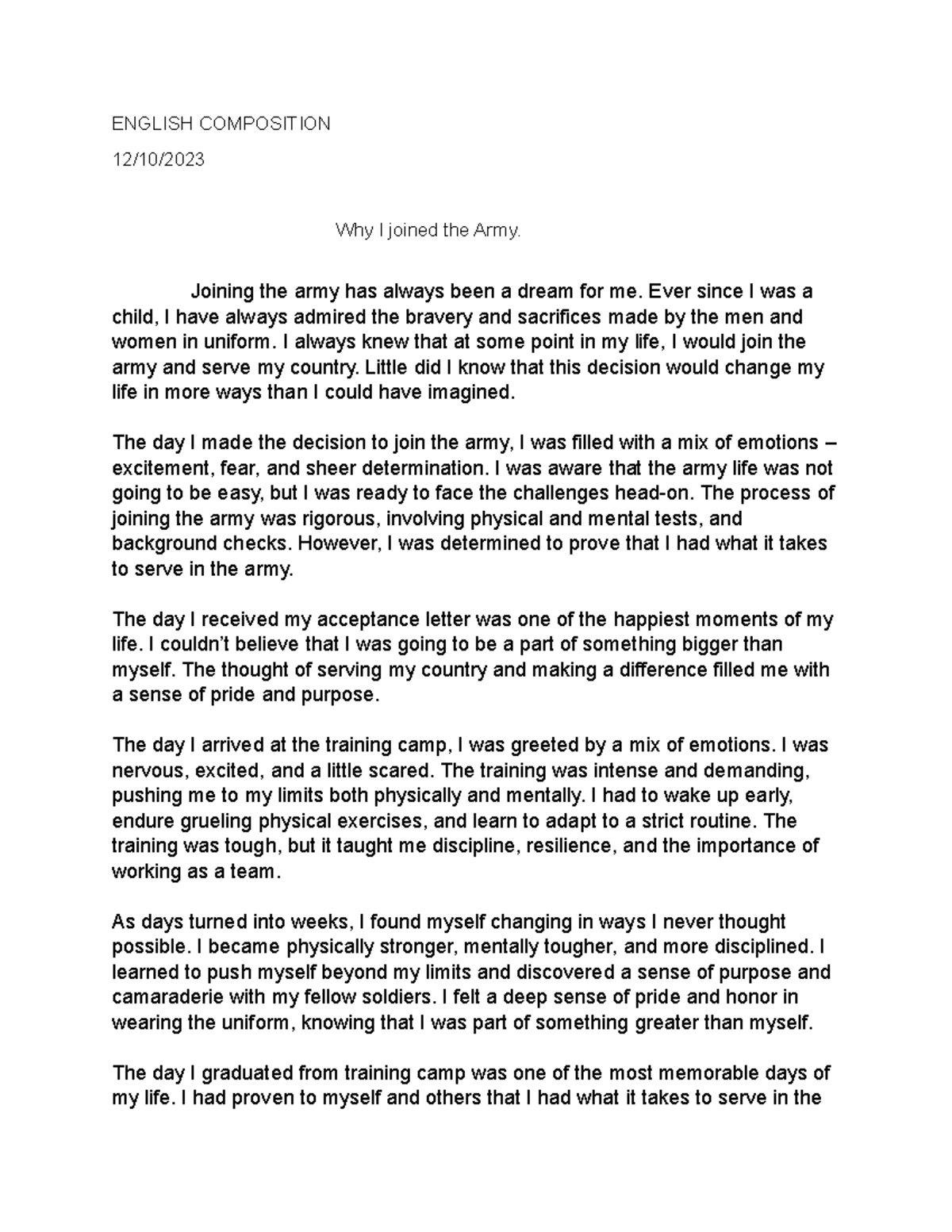 Joining the Army - practice material - ENGLISH COMPOSITION 12/10/ Why I ...