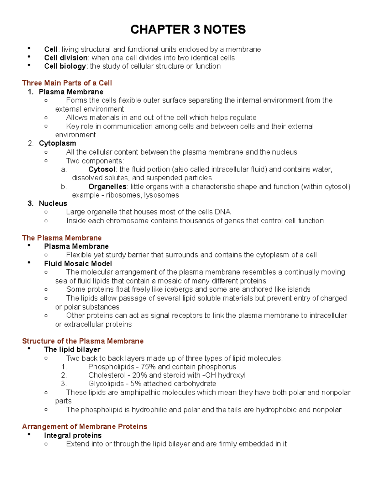 Chapter 3 Notes - CHAPTER 3 NOTES Cell : living structural and ...