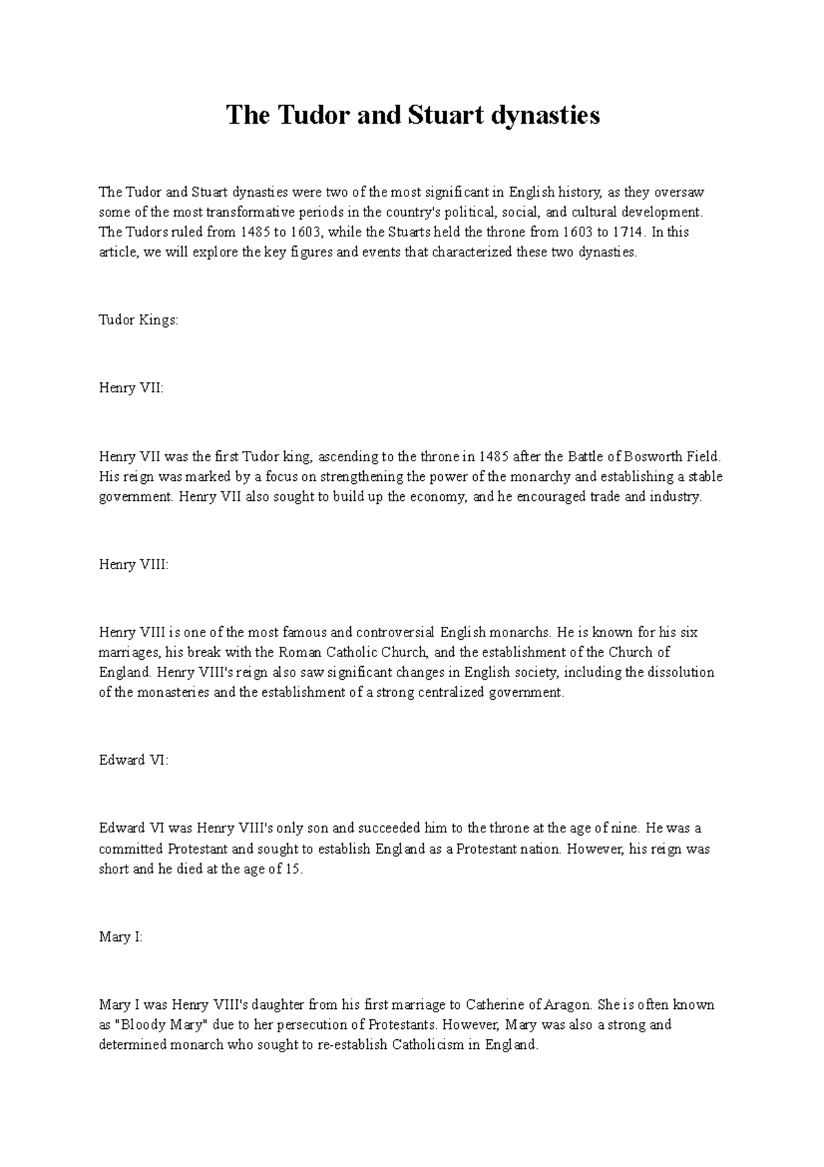 The Tudor and Stuart dynasties - The Tudors ruled from 1485 to 1603 ...