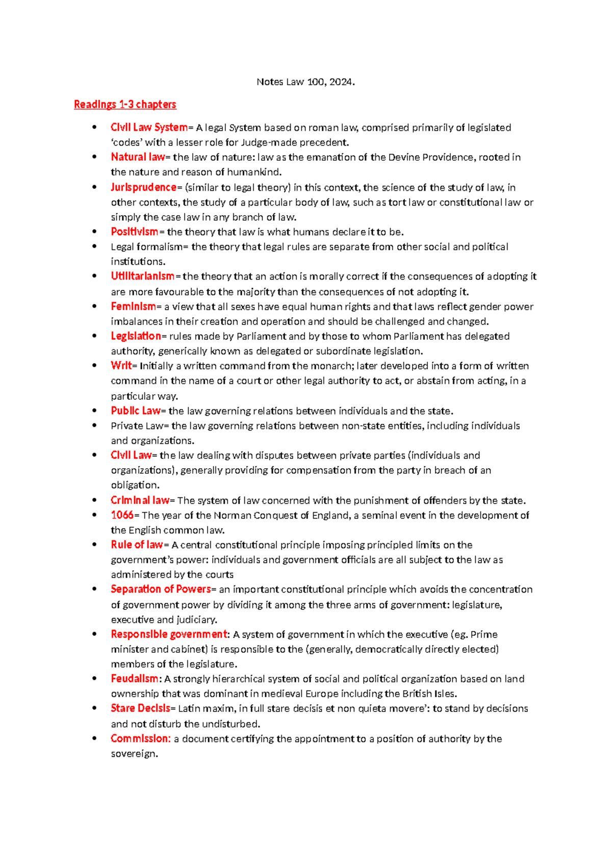 Law100 notes - Notes Law 100, 2024. Readings 1-3 chapters Civil Law ...