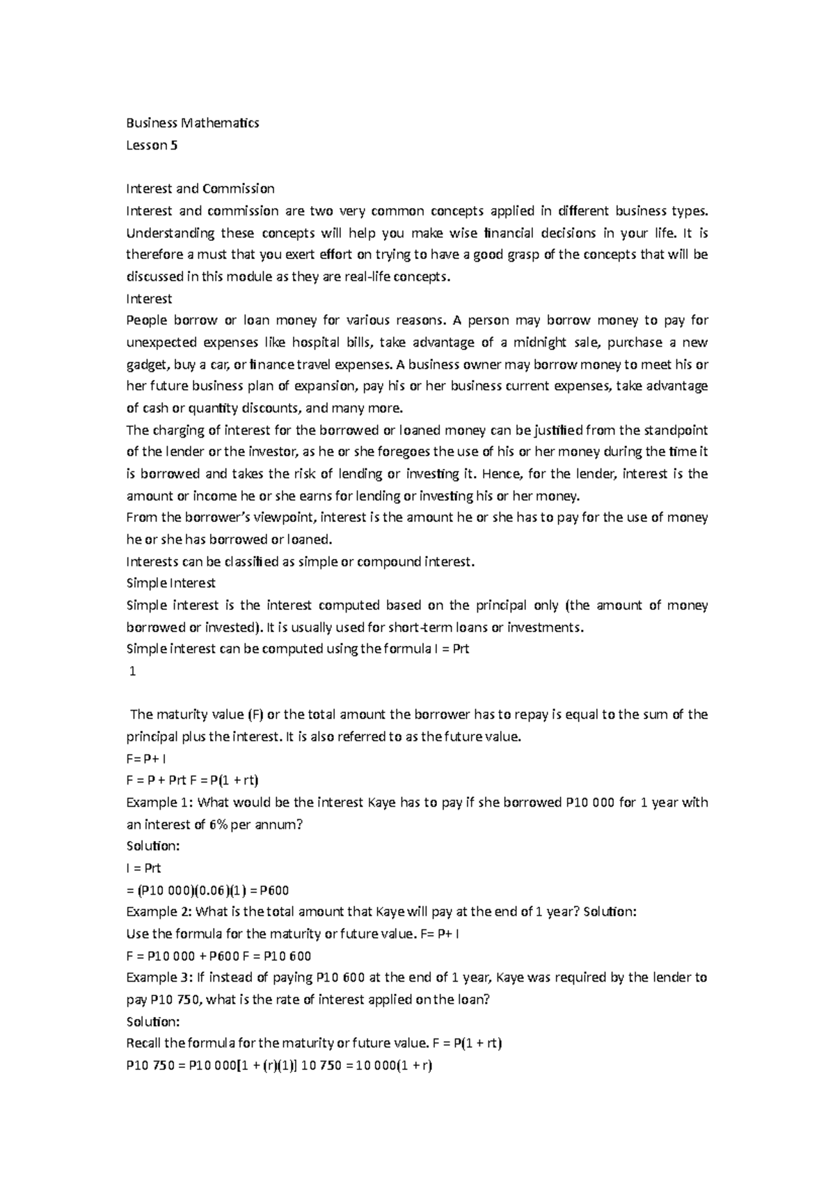 Business Mathematics L5 - Business Mathematics Lesson 5 Interest and ...