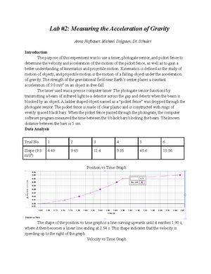 Physics lab report 2 - measuring the acceleration of gravity - Lab #2 ...