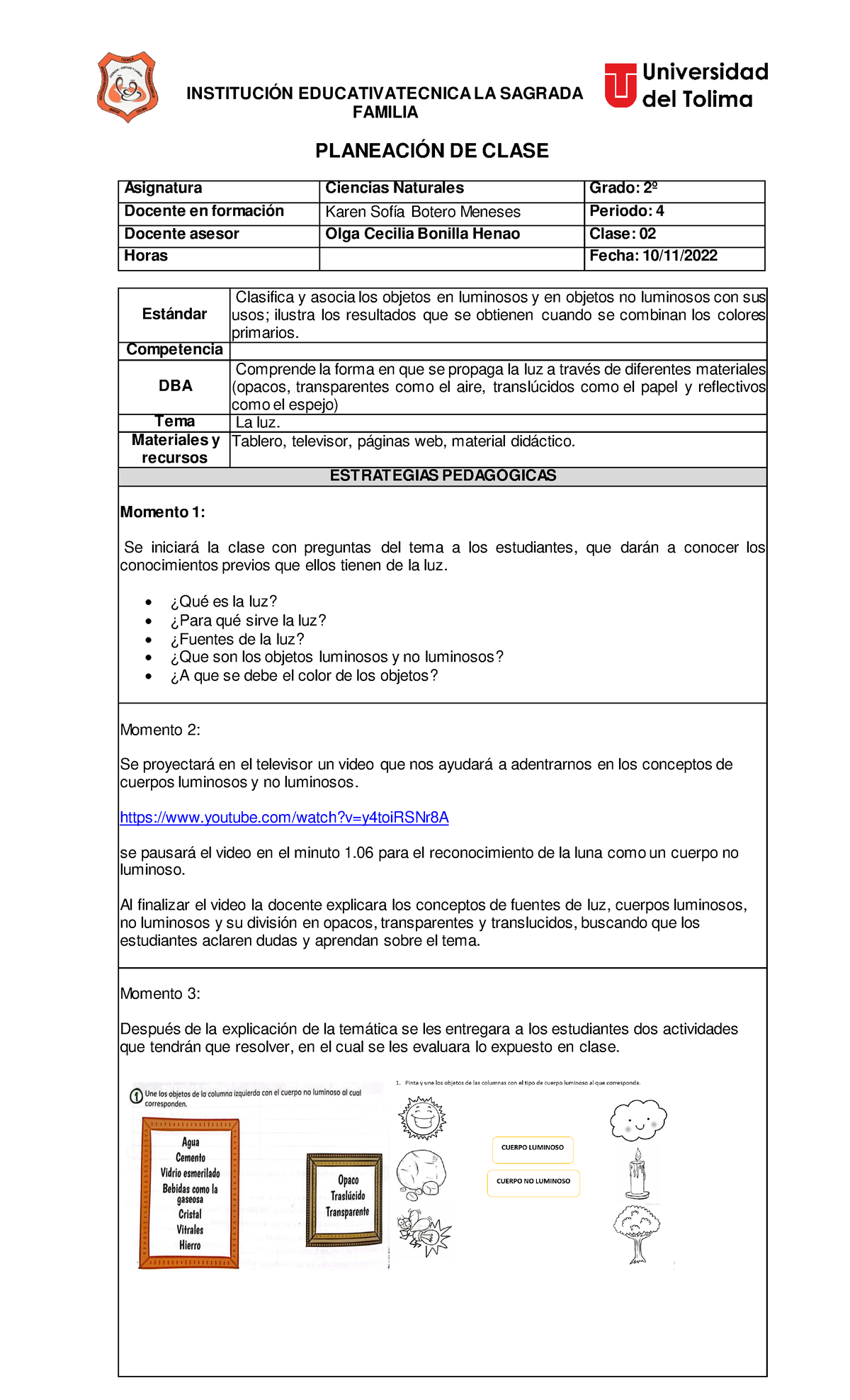 Plan de clase la luz (Karen) - INSTITUCIÓN EDUCATIVATECNICA LA SAGRADA ...