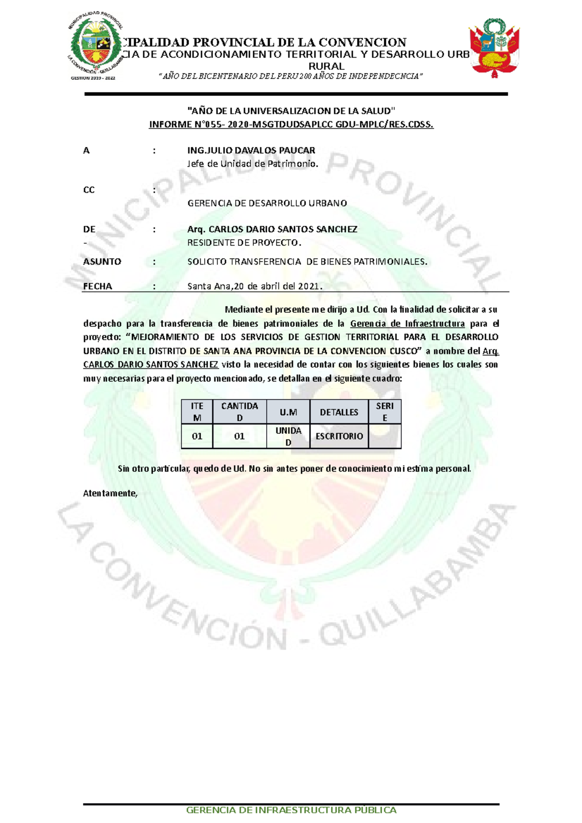 Informe N°055 Solicito Transferencia de Bienes Patrimoniales ...
