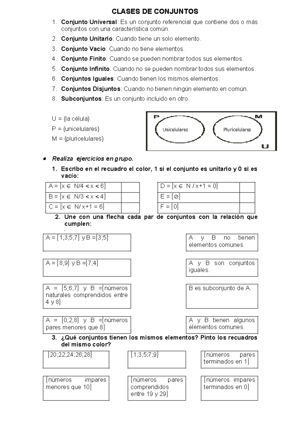 Clases DE Conjuntos refuerzo - CLASES DE CONJUNTOS Conjunto Universal ...