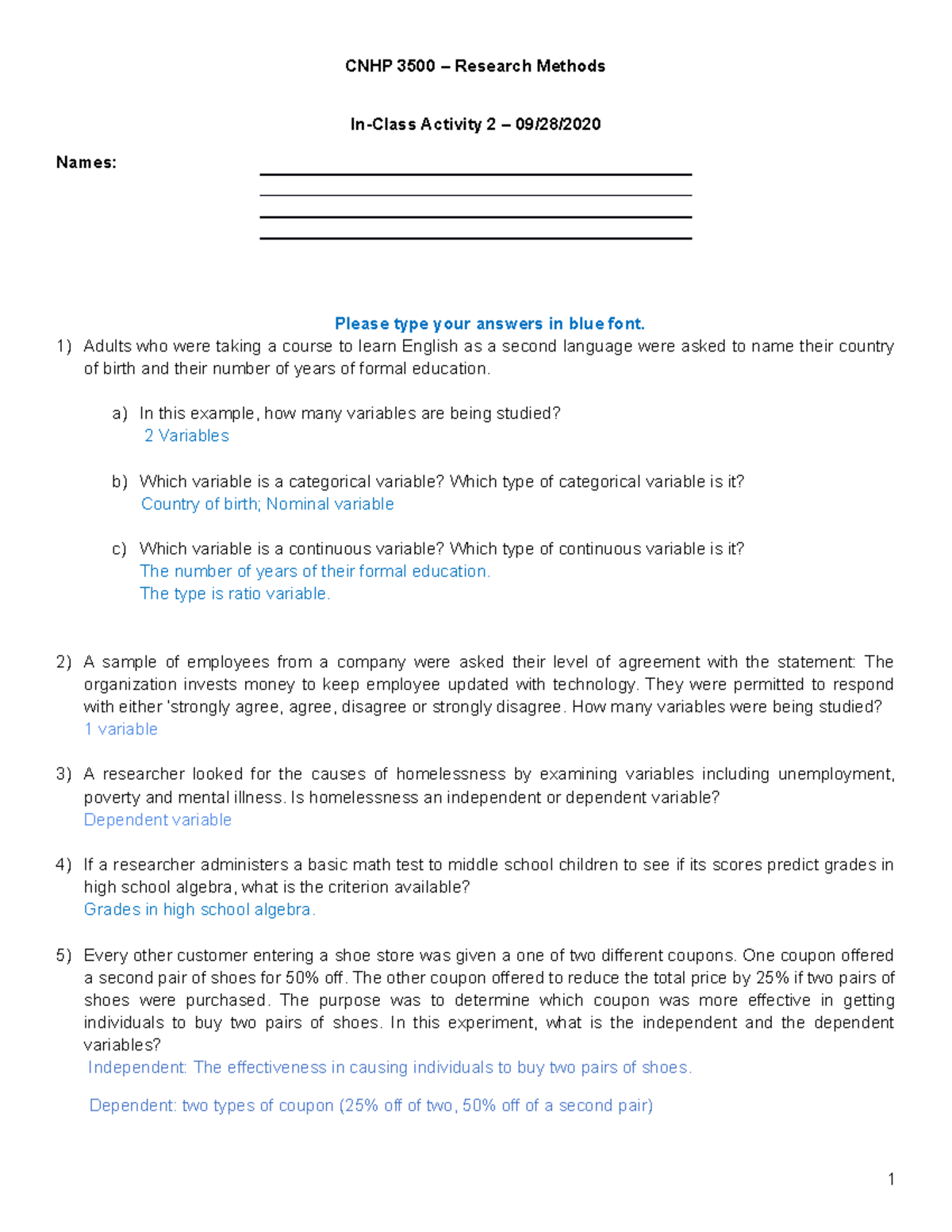 Class activity 2 - CNHP 3500 – Research Methods In-Class Activity 2 ...