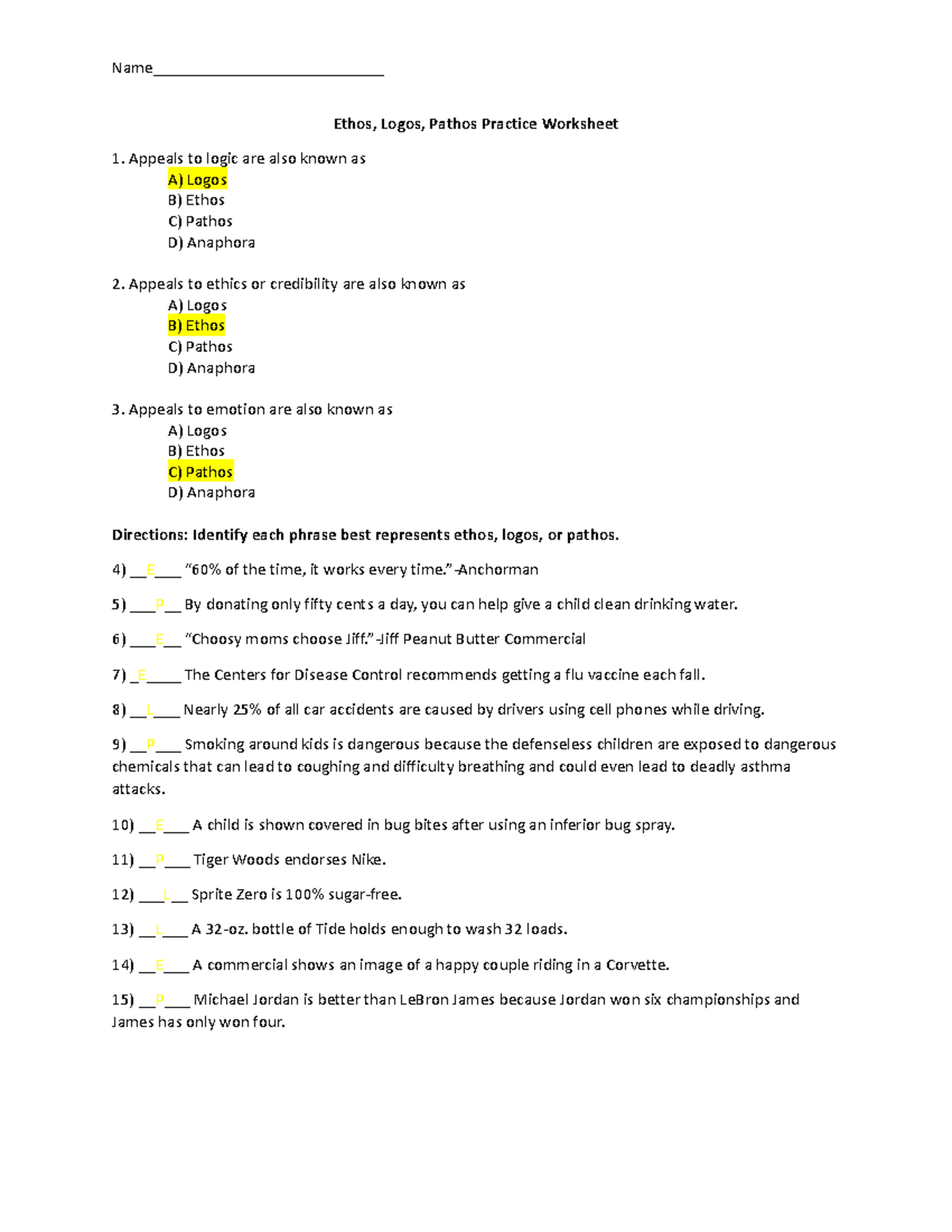 Copy of Ethos, Logos, Pathos Practice Worksheet - Name ...