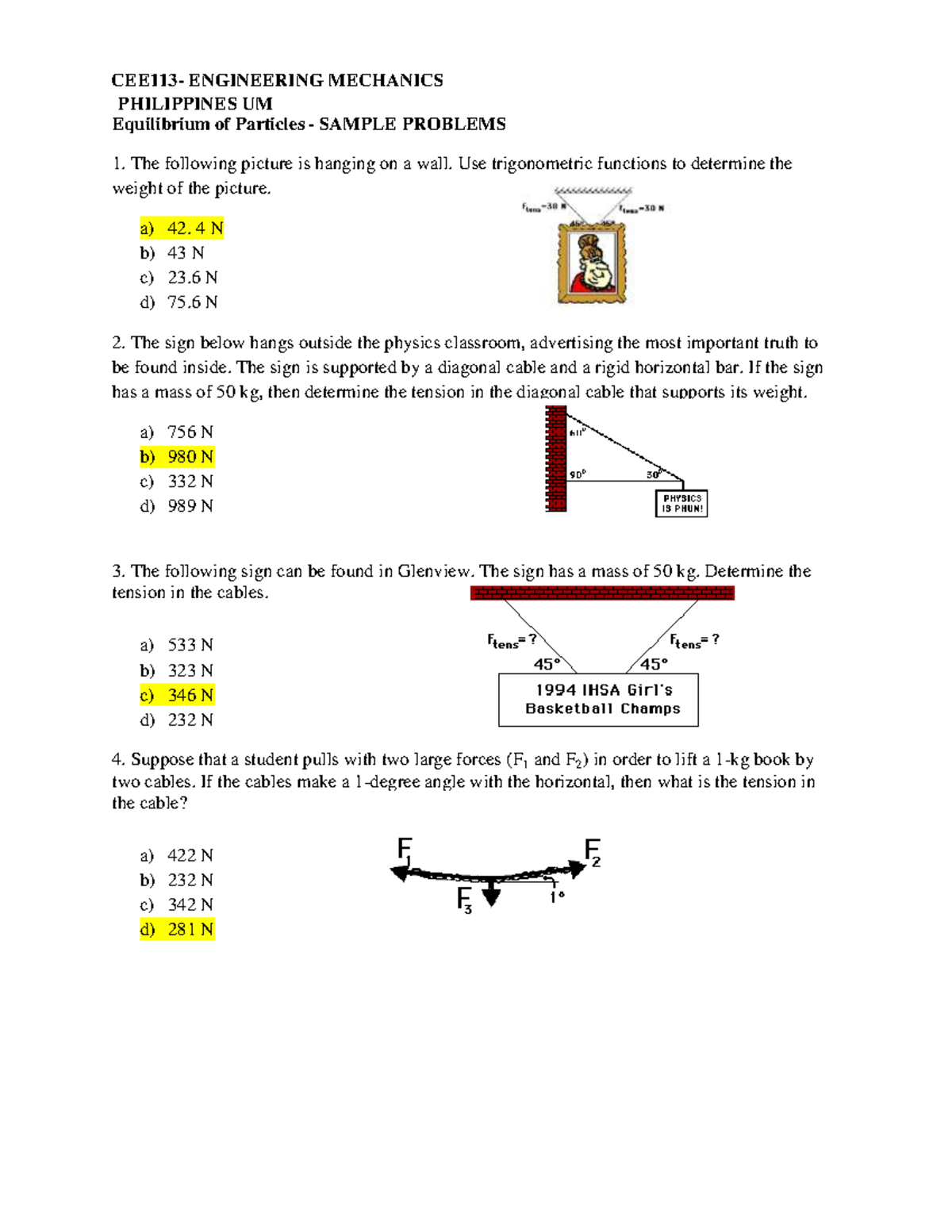 Engineering Mechanics- Equilibrium of Particles Questions - Equilibrium ...