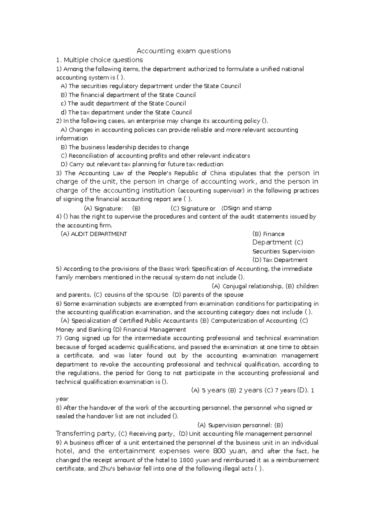 Accounting exam questions-Multiple choice questions - Accounting exam ...