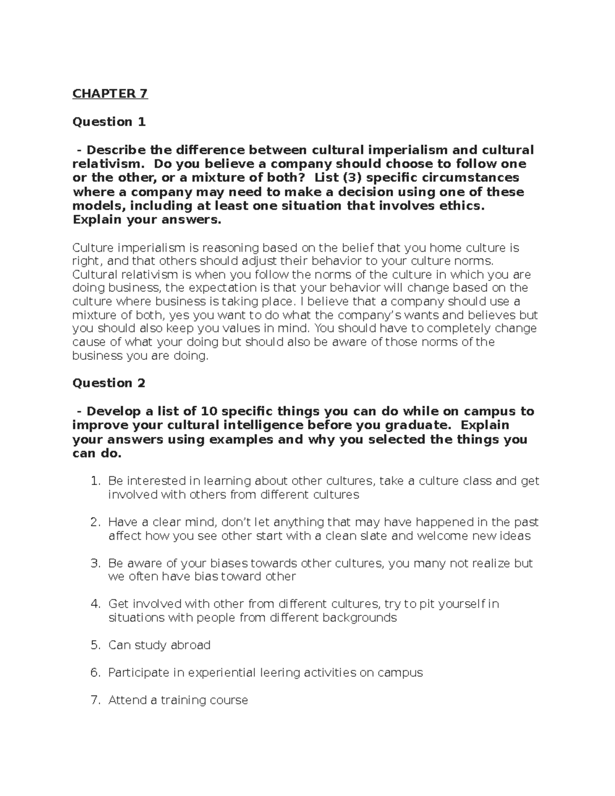 Exam 5 homework questions - CHAPTER 7 Question 1 - Describe the ...