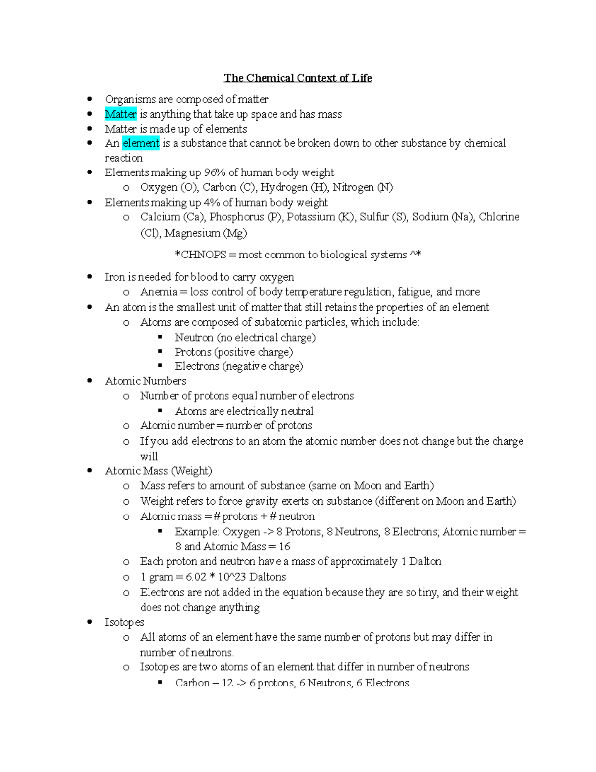 Bio Chp.2 Notes - The Chemical Context of Life Organisms are composed ...