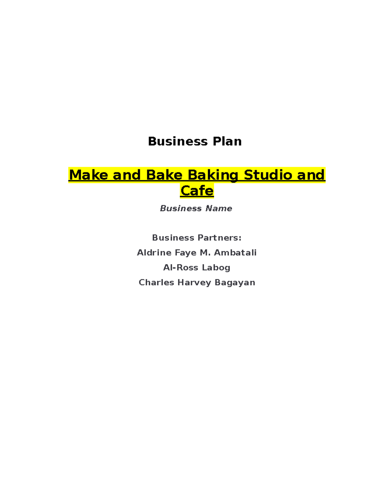 Make and Bake Baking Studio and Cafe Business Plan2 1 - Business Plan ...
