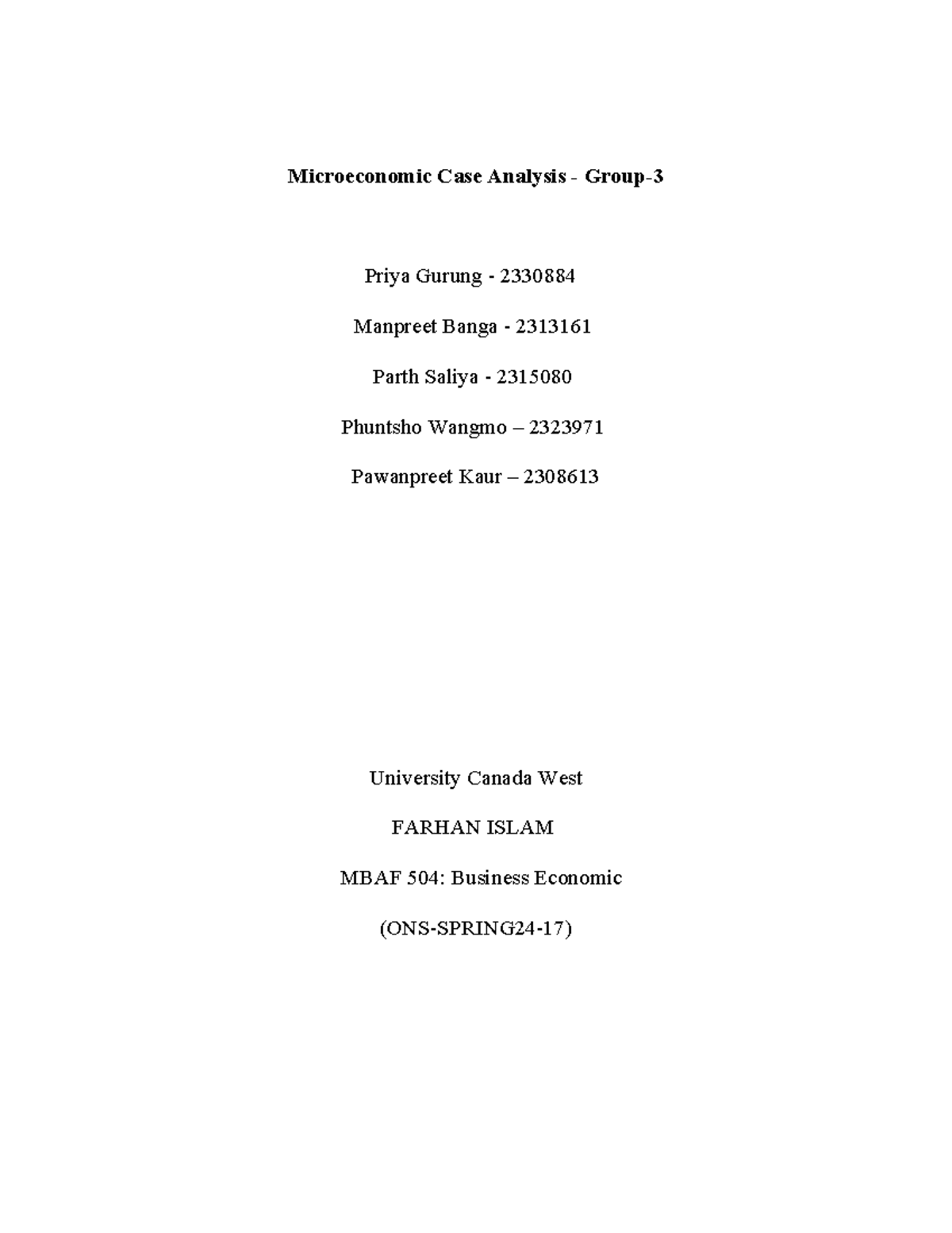 Group 3 final project 1 report - Microeconomic Case Analysis - Group- Priya Gurung - 2330884 ...