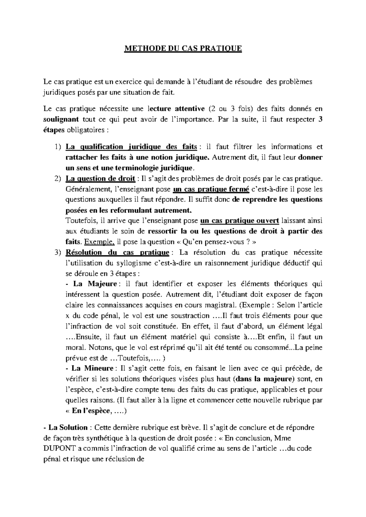 Droit Penal Special CAS Pratique 2021 2 - METHODE DU CAS PRATIQUE Le ...