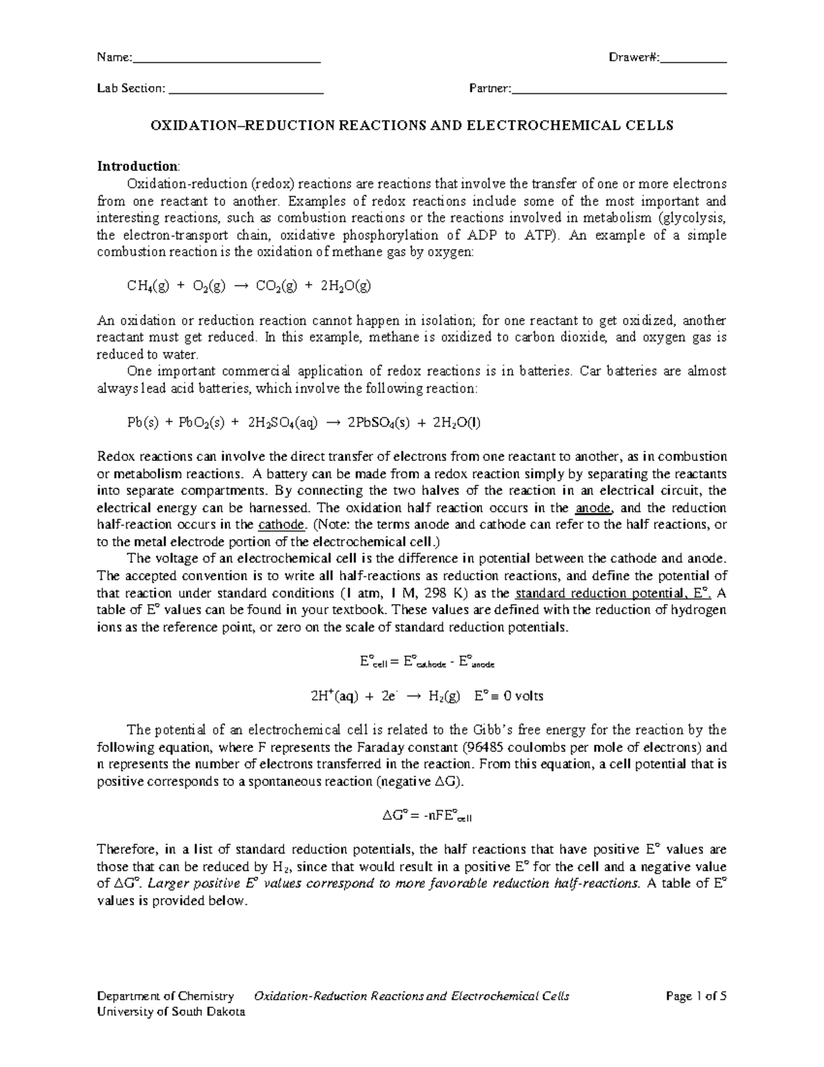 Redox reactions and electrochemical cells - Name ...