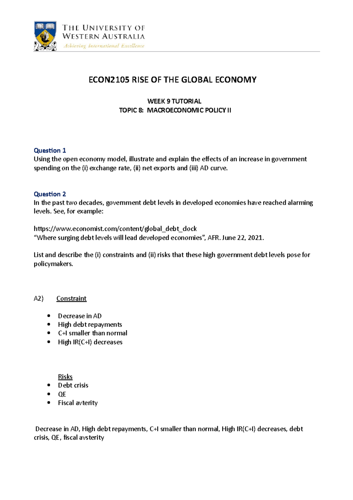 Week 9 Tutorial - student version - ECON2105 RISE OF THE GLOBAL ECONOMY WEEK 9 TUTORIAL TOPIC 8 ...