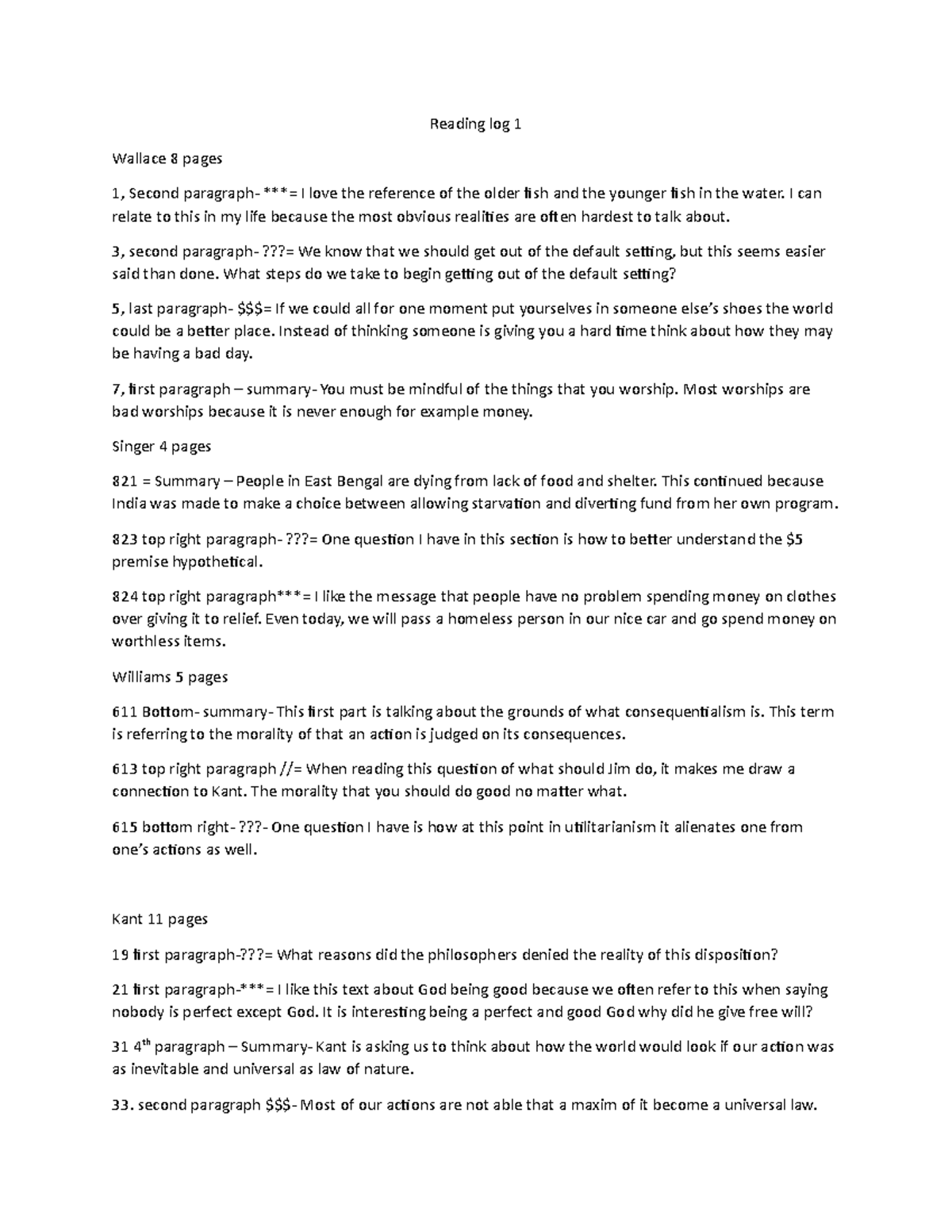 Reading log 1 - notes - Reading log 1 Wallace 8 pages 1, Second ...