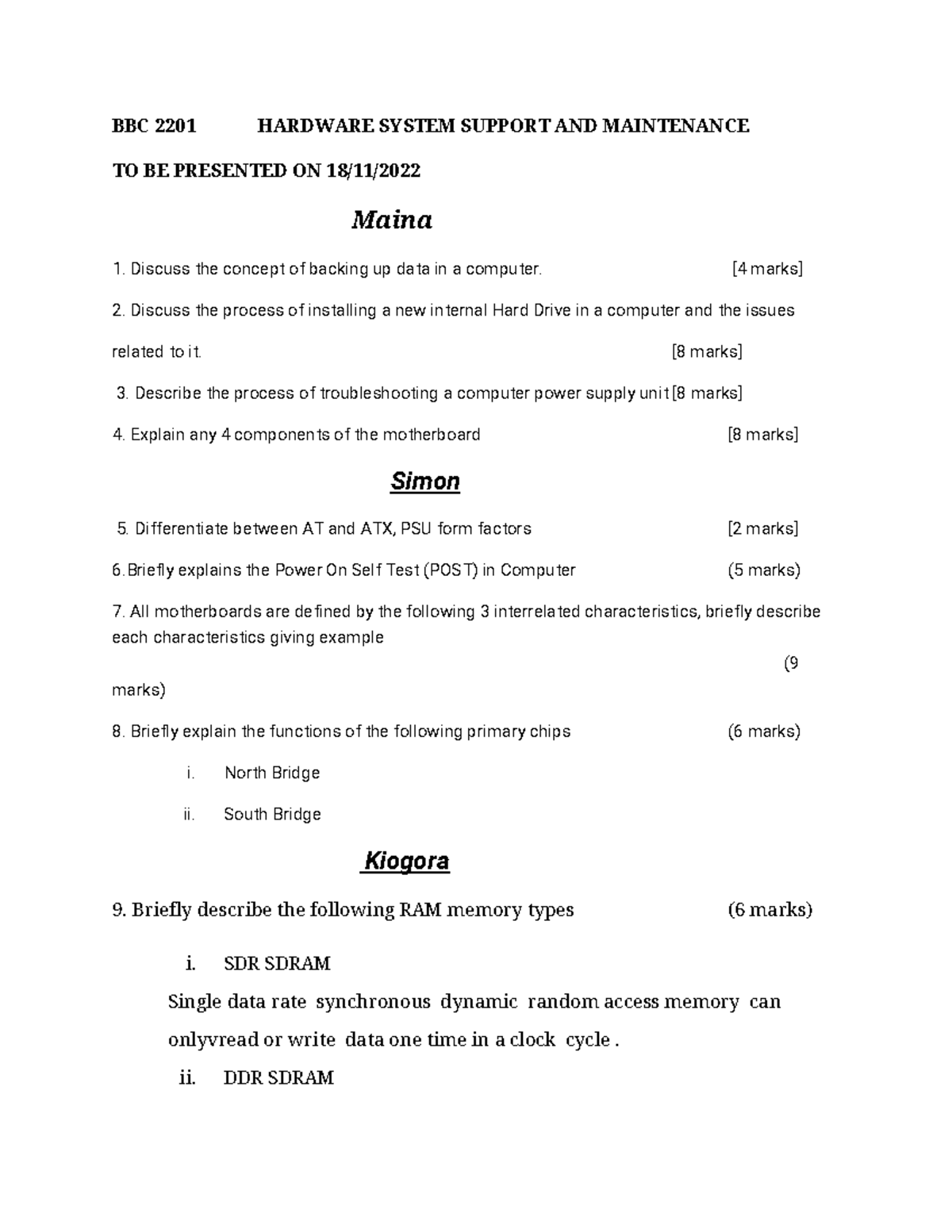 Hardware 2 assignment - Good at revision - BBC 2201 HARDWARE SYSTEM ...