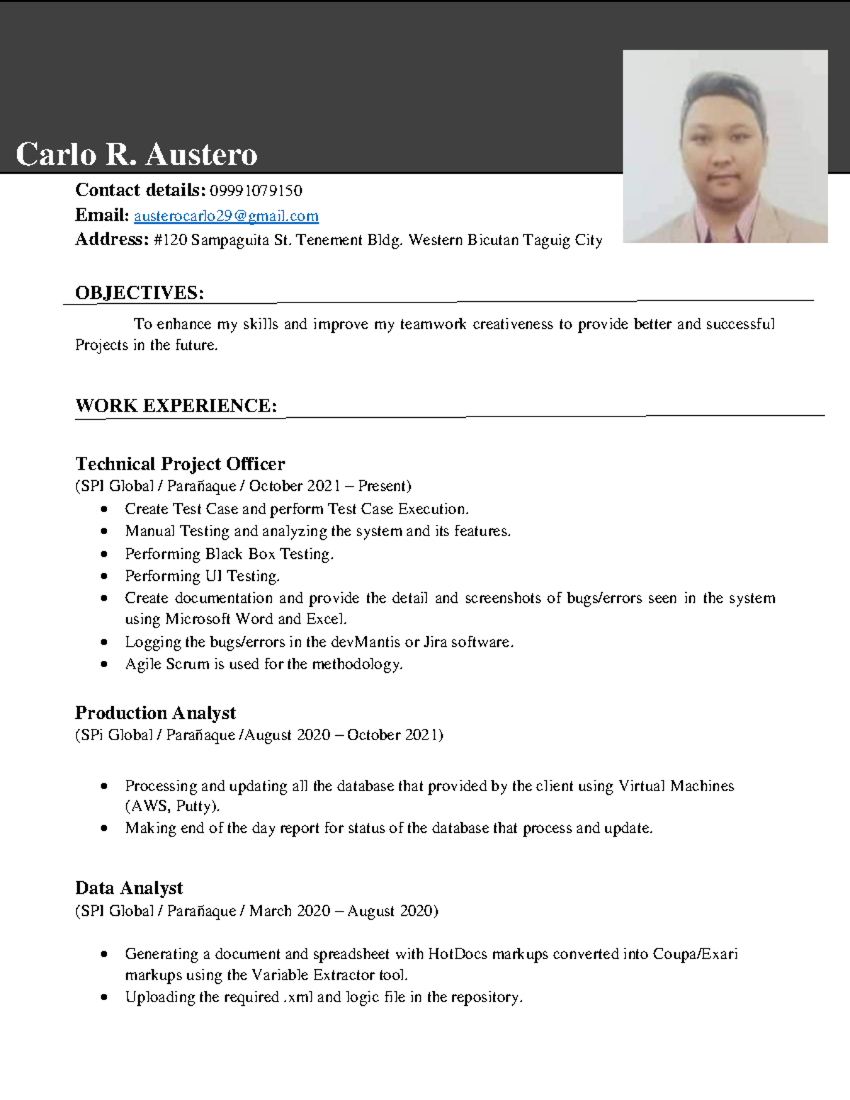 Carlo Austero CV updated 2022 - Contact details: 09991079150 Email ...