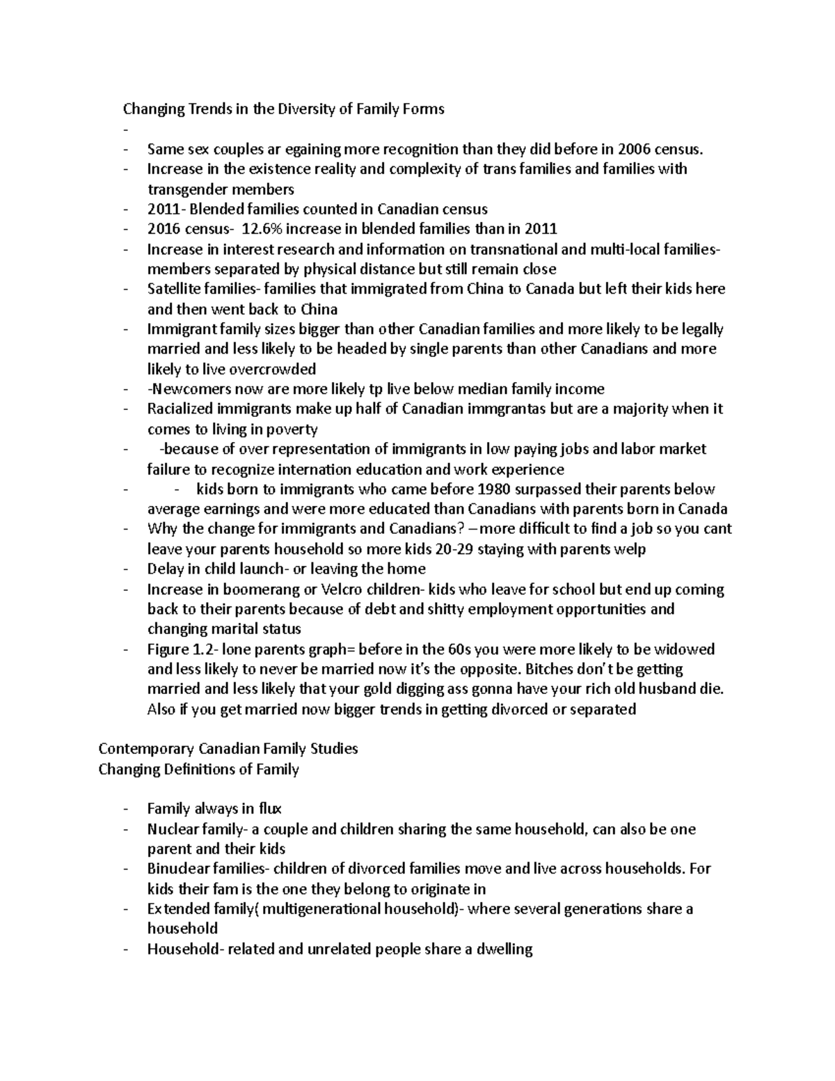 Ch. 1 & Ch. 2 Soci 371 - Chapter Notes - Canadian Families Today: New ...